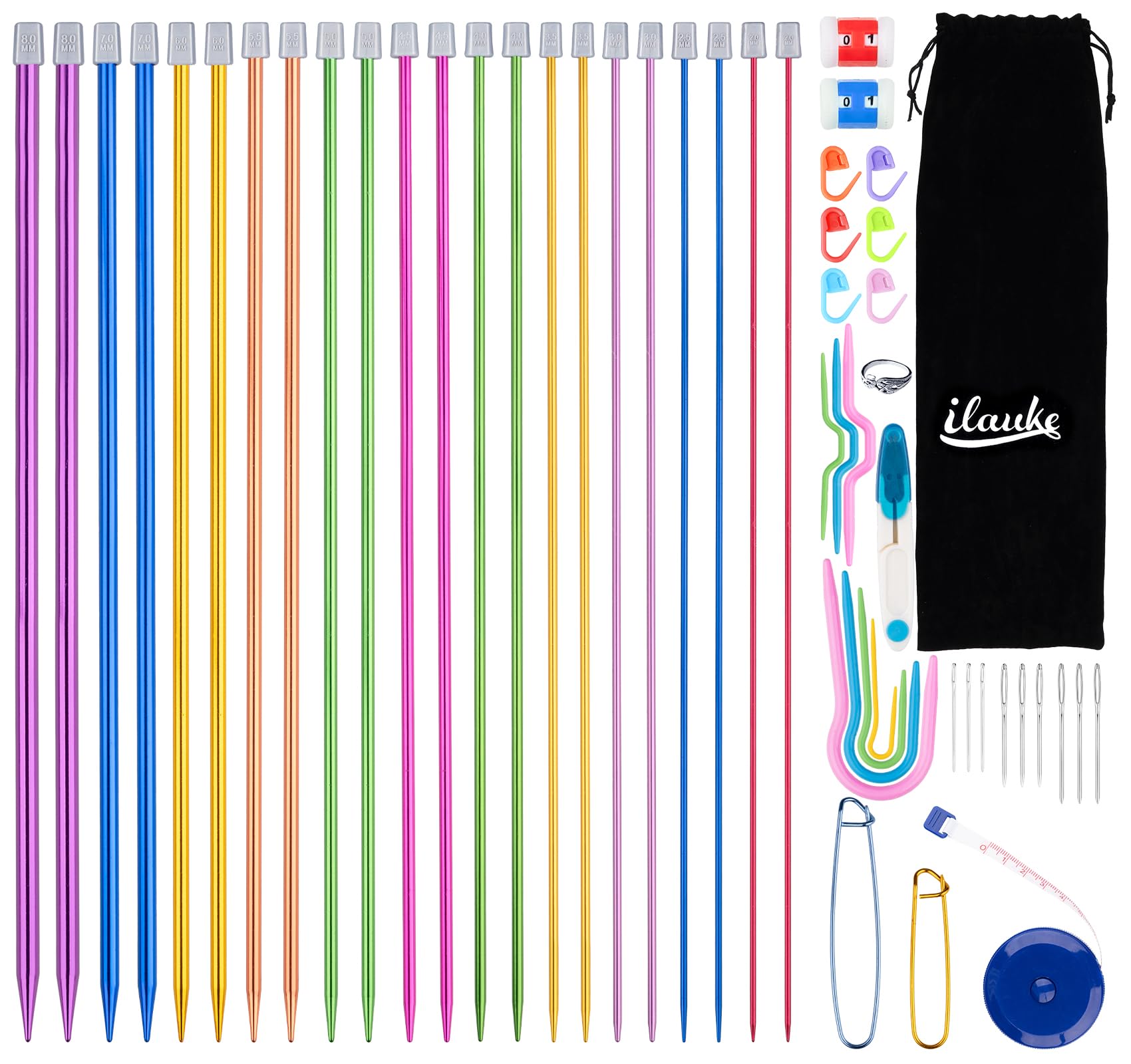 ilauke Knitting Needle Set 56Pcs, 11 Pairs Stainless Steel Single ...