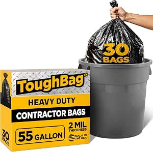 ToughBag Contractor Garbage Bags 55-60 Gallon – 2 Mil (30 Count) Heavy ...
