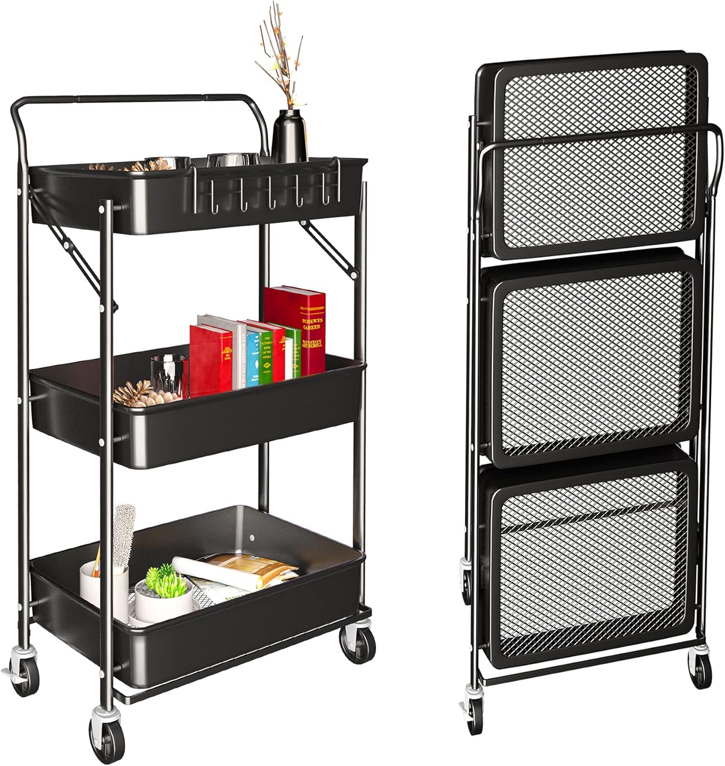 Amazon.com: 3 Tier Rolling Cart with Wheels - Foldable Metal Organizer ...