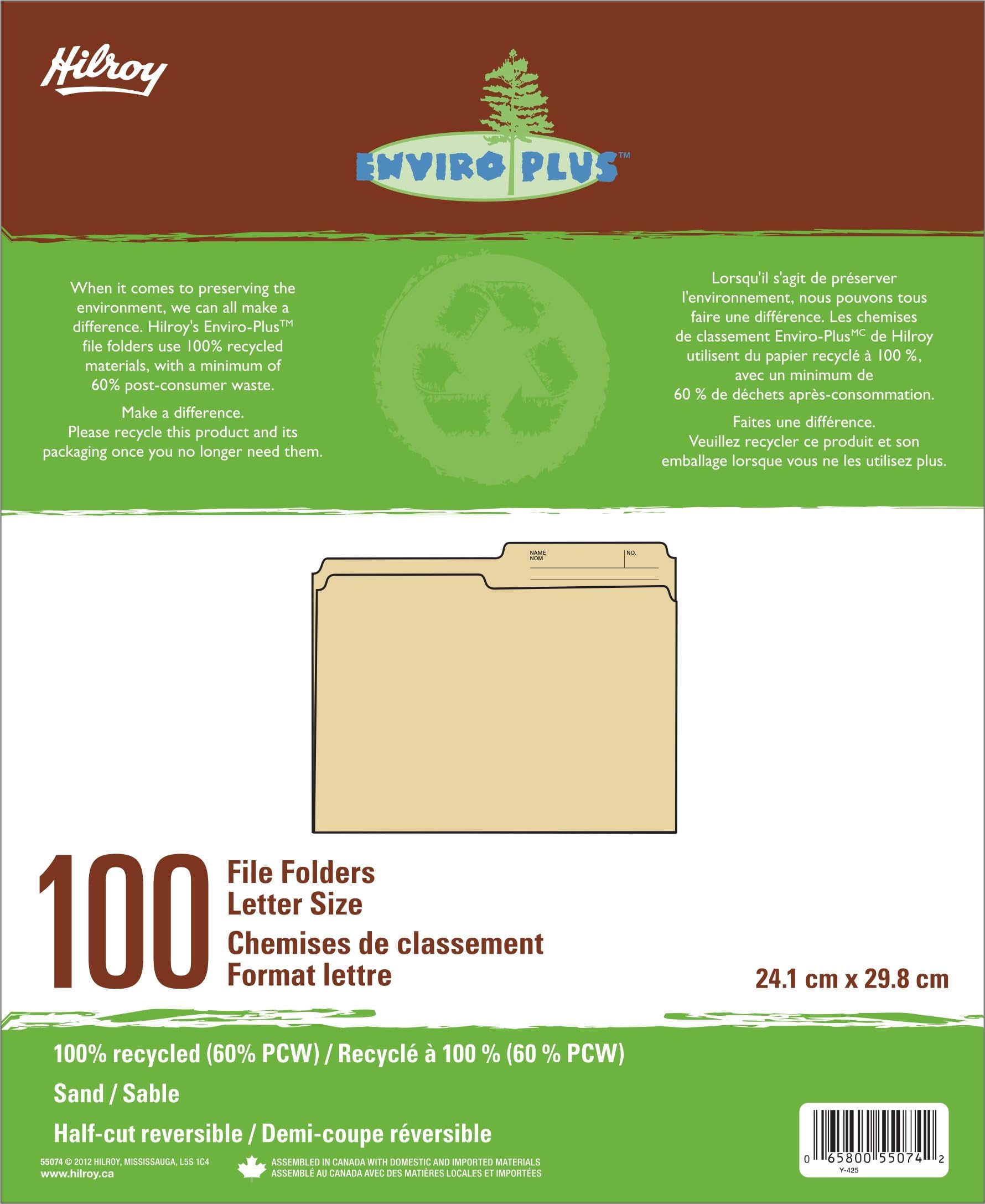 Hilroy Enviro-Plus Recycled File Folders, Letter Size, 100/box, Sand ...