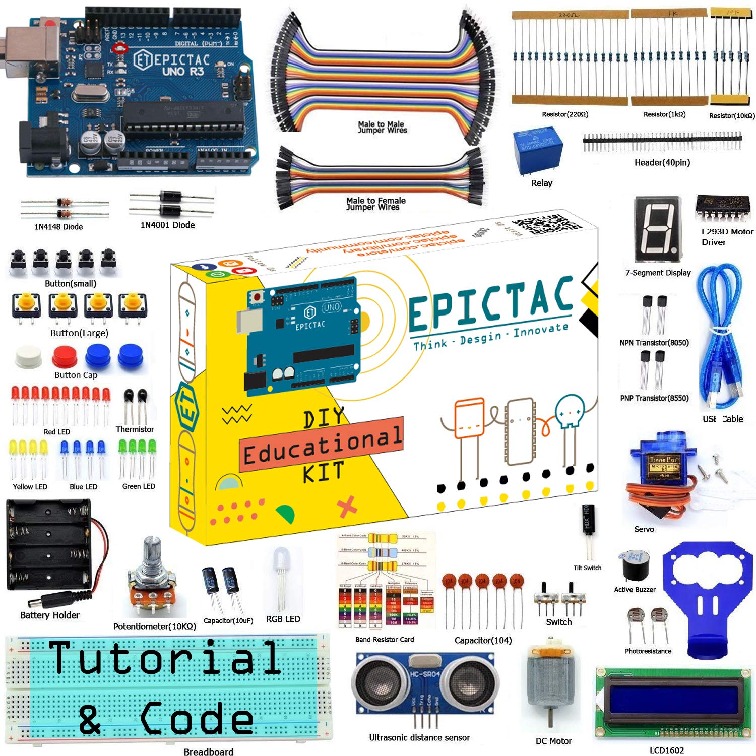 EPICTAC® Beginners Basic Starter Kit for Arduino Uno R3 with Ultrasonic sensor, LCD1602, SG90 ...