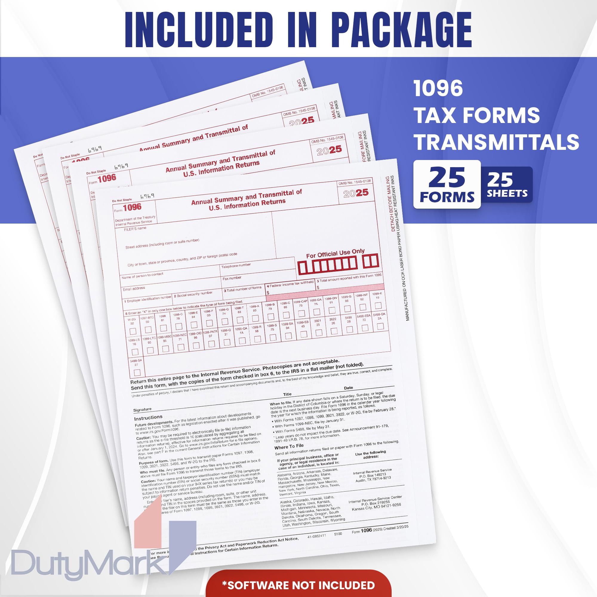 Snapklik.com : 1096 Transmittal Tax Forms 2025, 25 Pack Of 1096 Summary ...