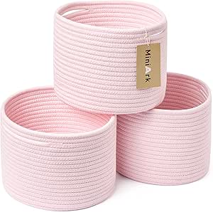 MiniArk Small Storage Baskets | 3 Pack Light Pink Cotton Shelf Baskets ...