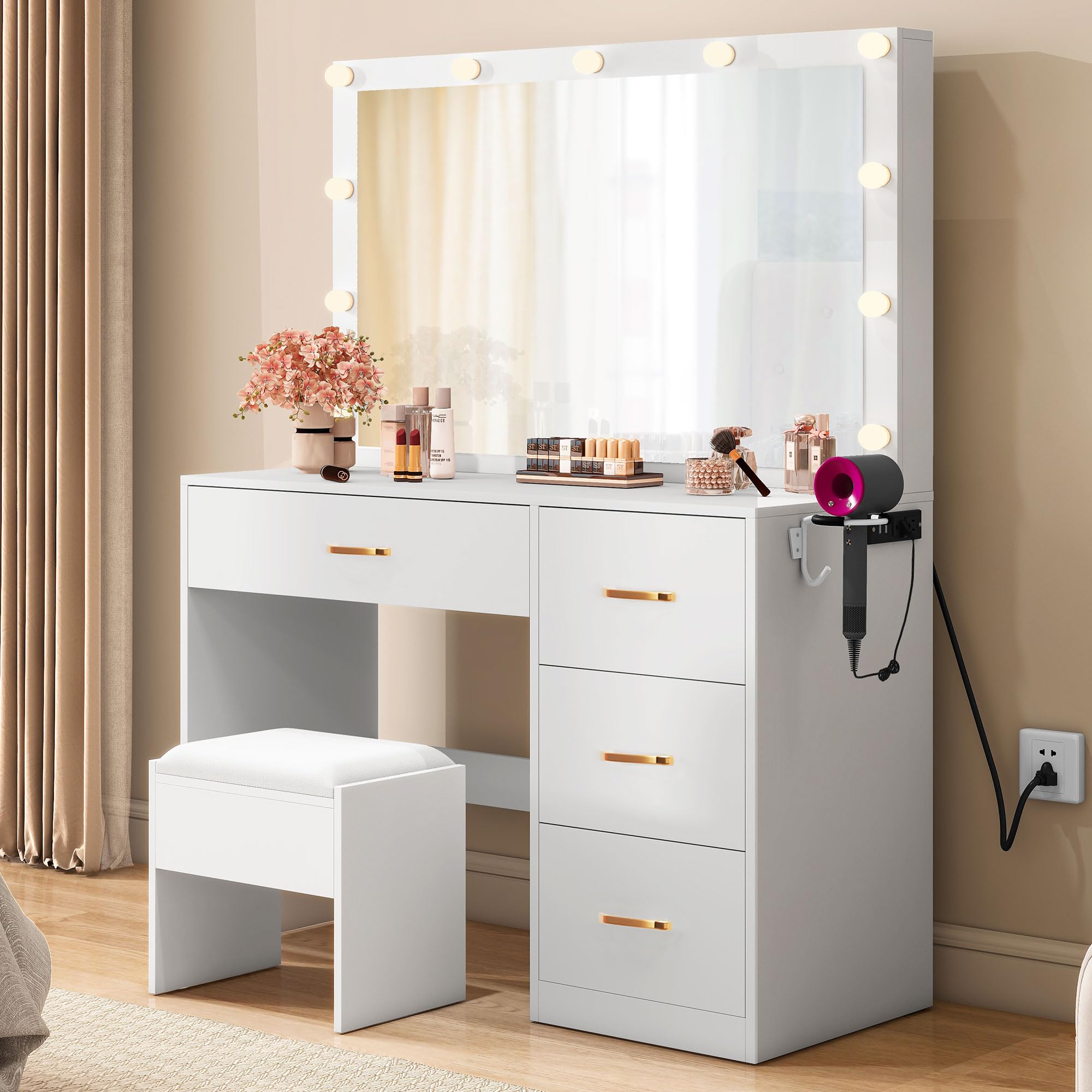 DWVO Makeup Vanity with Large Lighted Mirror, Vanity with Power Outlet ...
