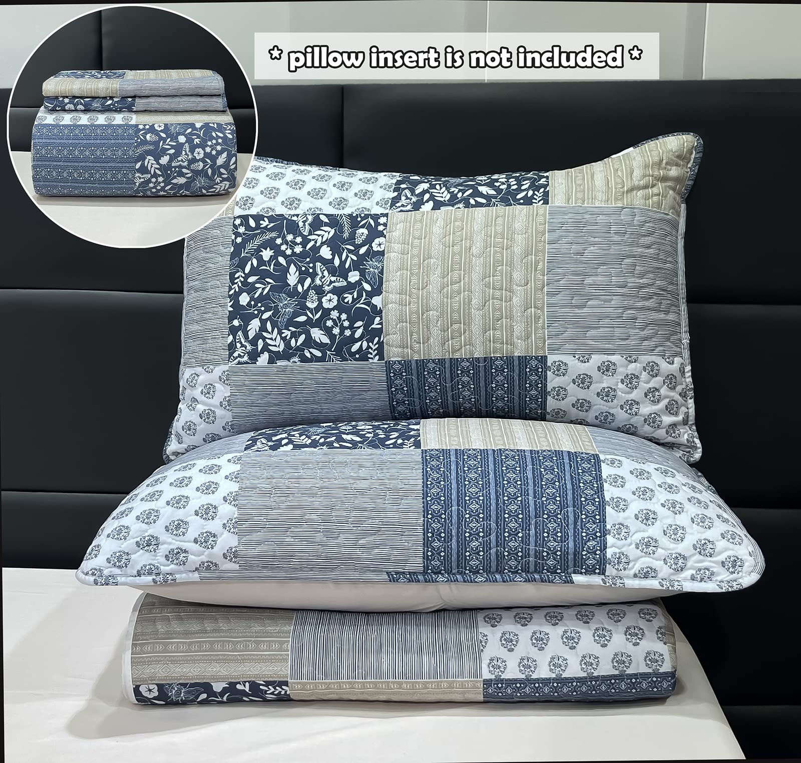 Navy Blue Gray Quilt Set King Size 3 Piece Patchwork Bedspread Coverlet ...