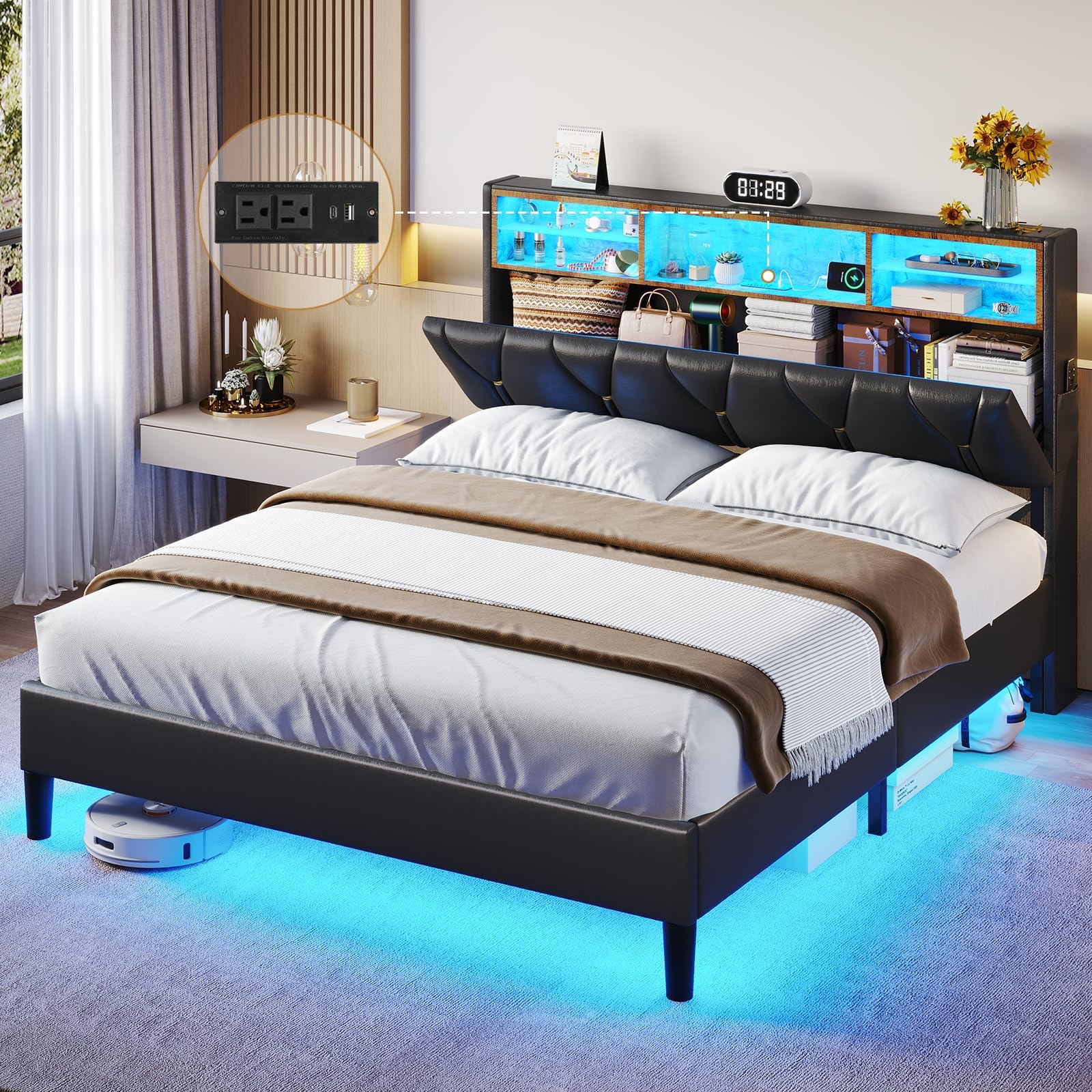 Amazon.com: ADORNEVE Queen Size Bed Frame with Storage Headboard & LED ...