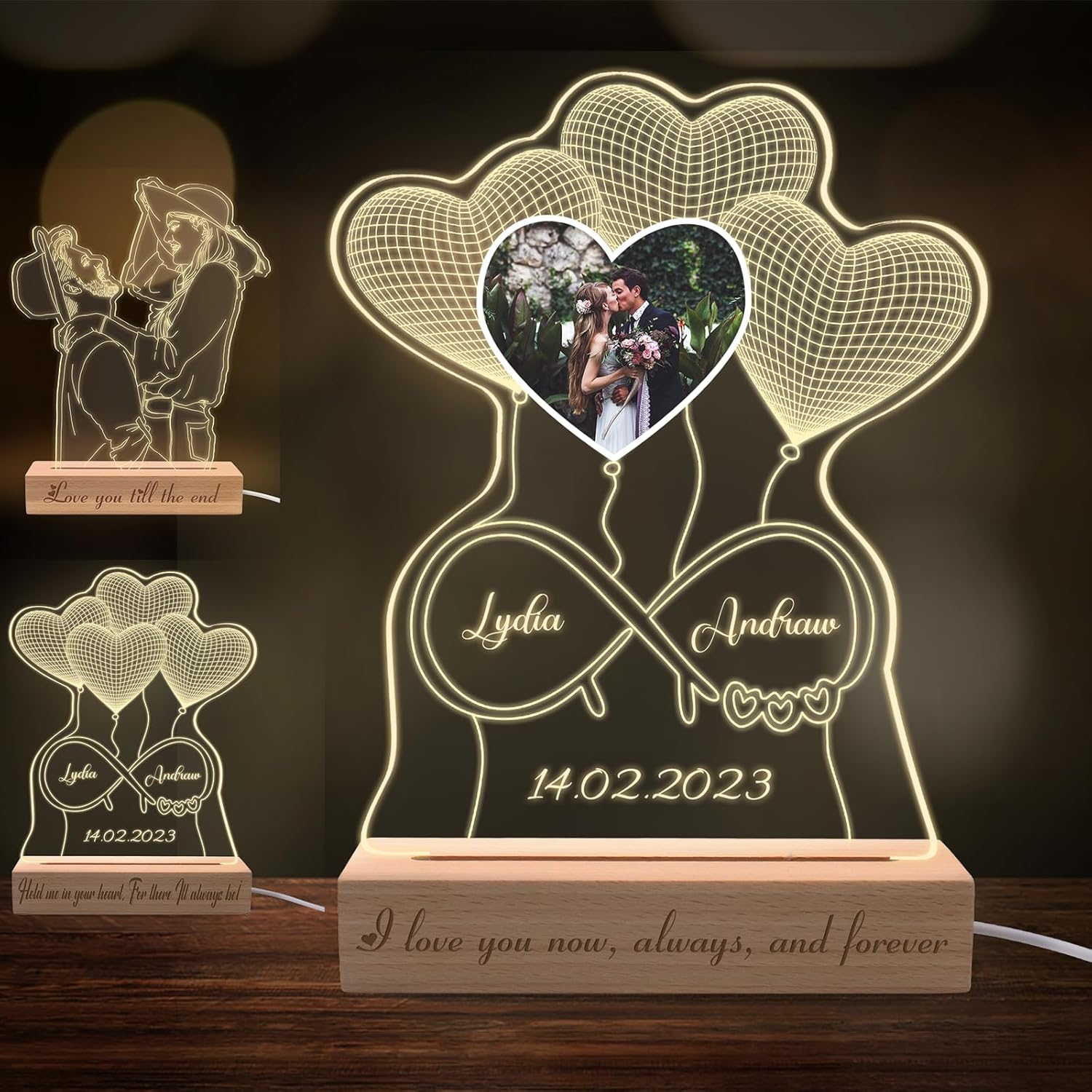 Aolun Personalized Name 3D Lamp with Photo Custom Heart Acrylic Night ...