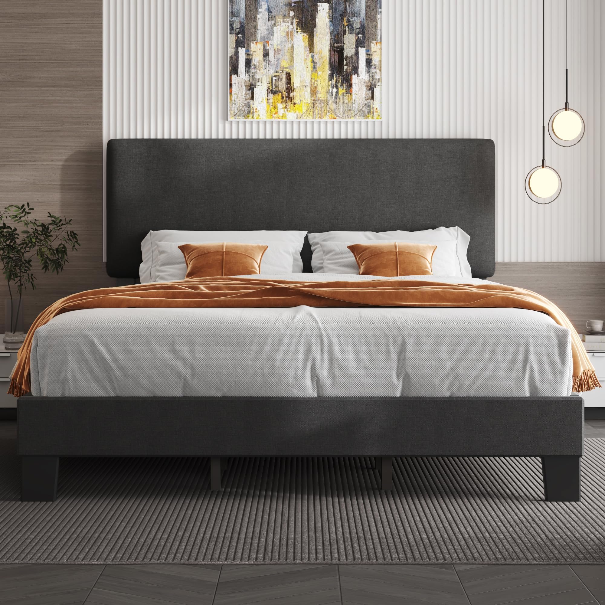Amazon.com: Lifezone Queen Bed Frame with Headboard Linen Upholstered ...