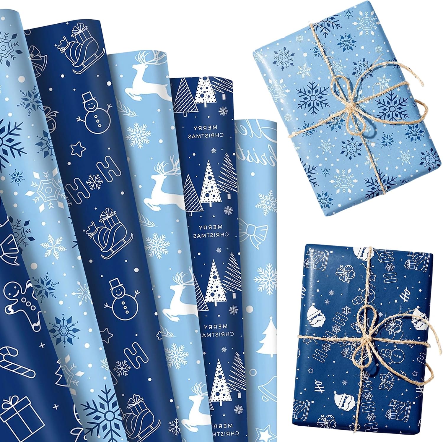 Amazon.com: BACH AND BOOZY 12 Sheet Blue Christmas Wrapping Paper Santa ...