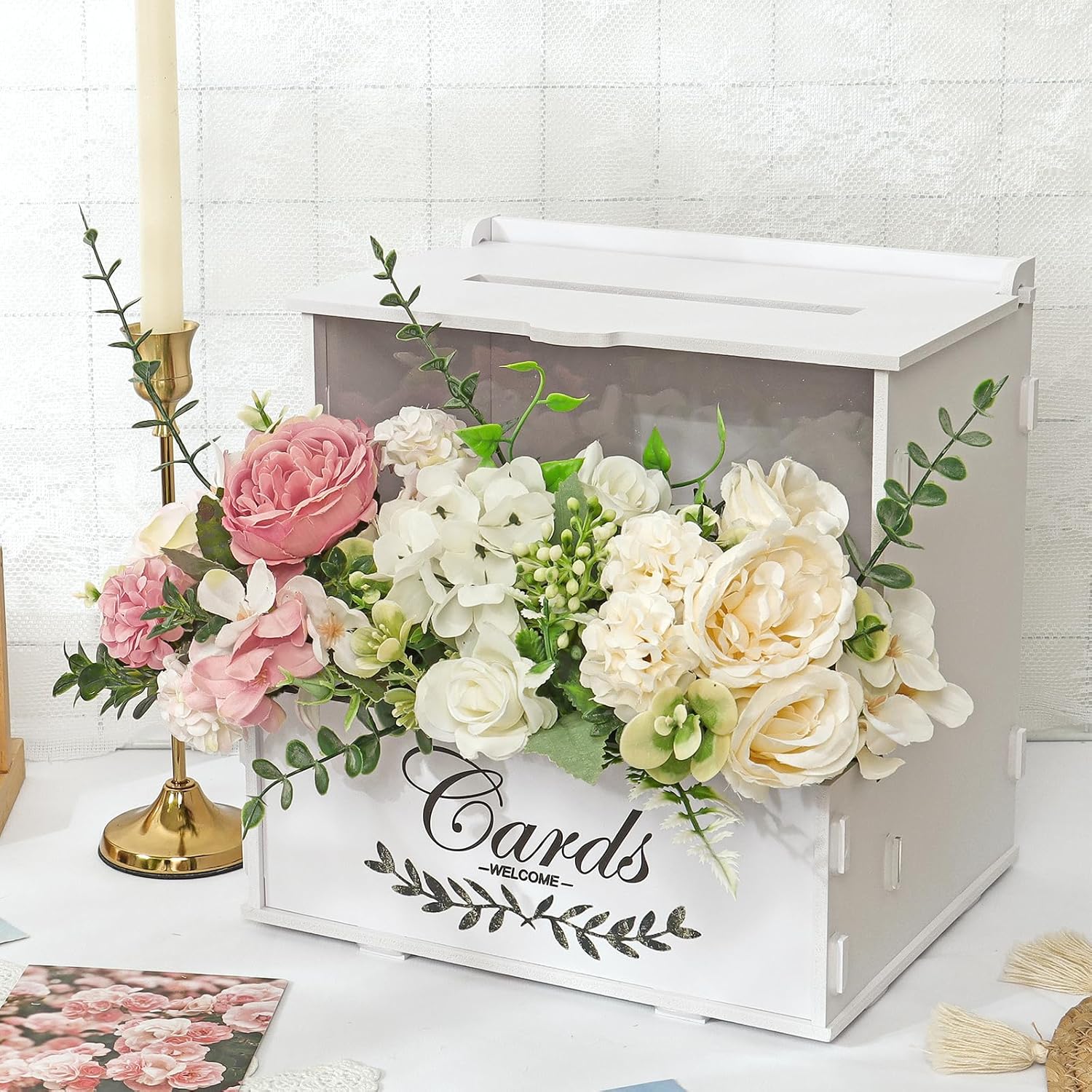 DEMIUKO White Wedding Card Box with Flower Trough Wooden Wedding Post ...