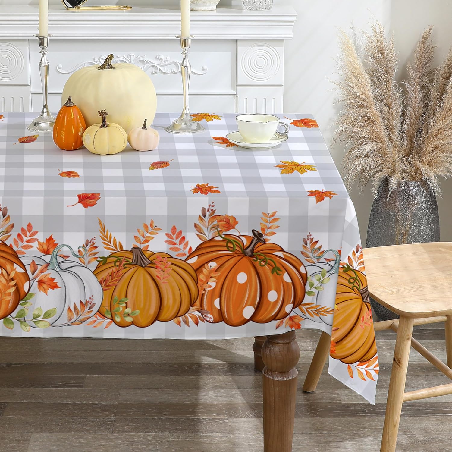 Amazon.com: cusugbaso Fall Tablecloth 52x70 Inches, Grey Plaid Pumpkins ...