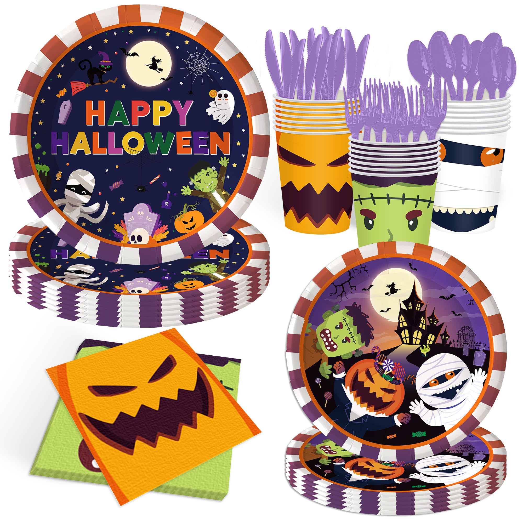 Amazon.com: 168Pcs Halloween Party Tableware Set Cartoon Pumpkin Ghost ...