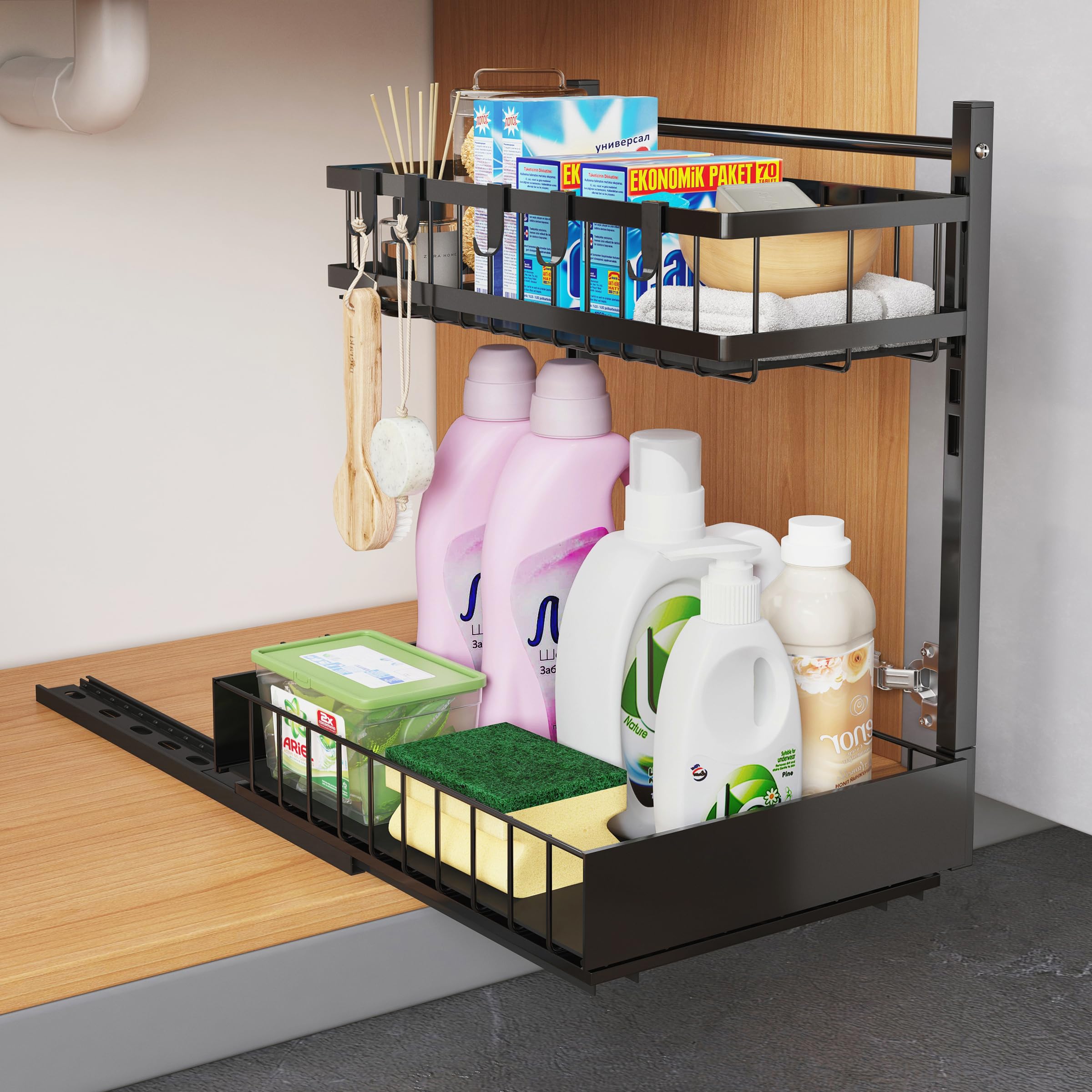 COVAODQ Under Sink Rack,Pull Out Under Sink Storage Organiser, 2 Tier ...