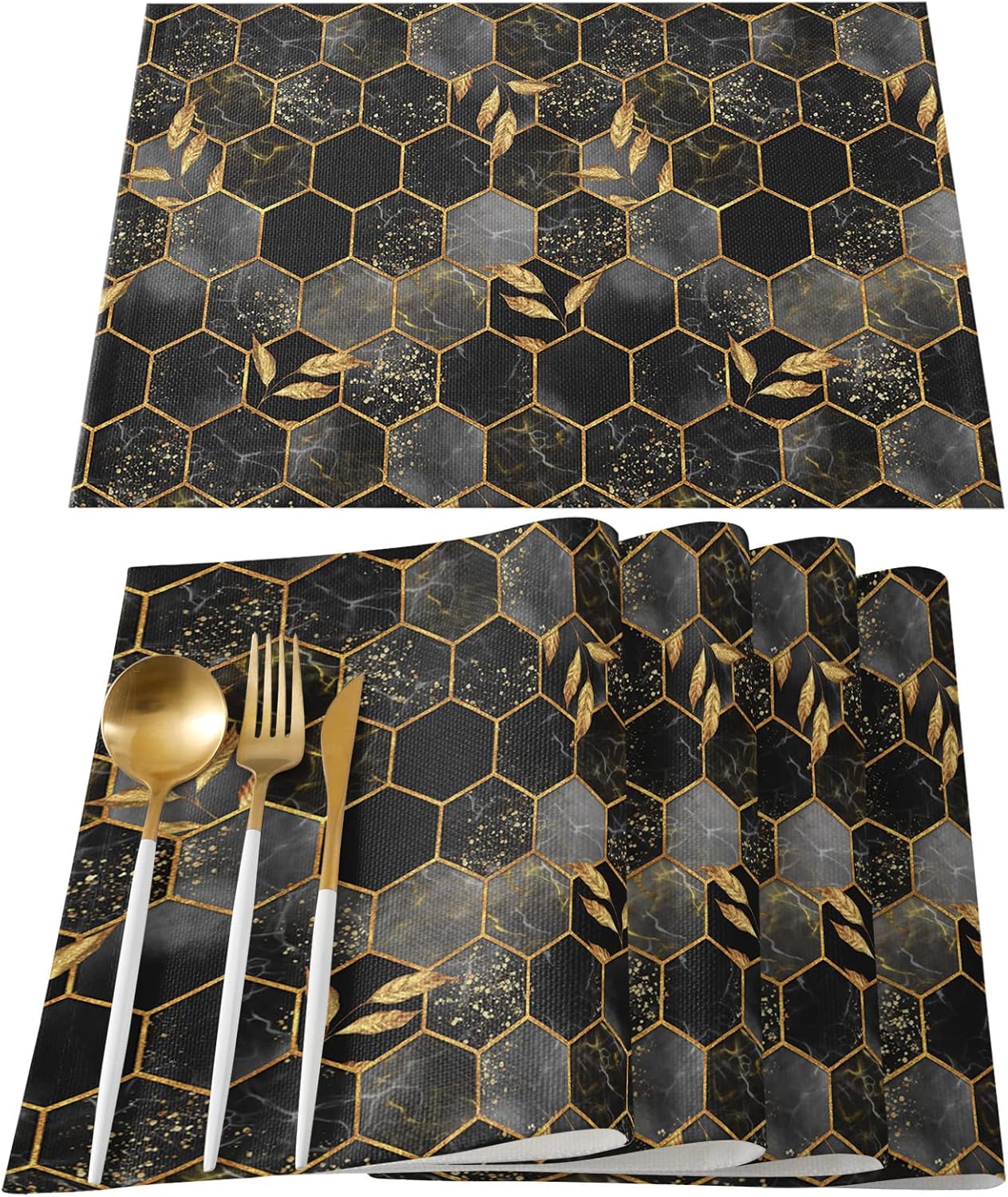 Amazon.com: Placemats Table Mats Set of 4, Leaves Marble Honeycomb ...