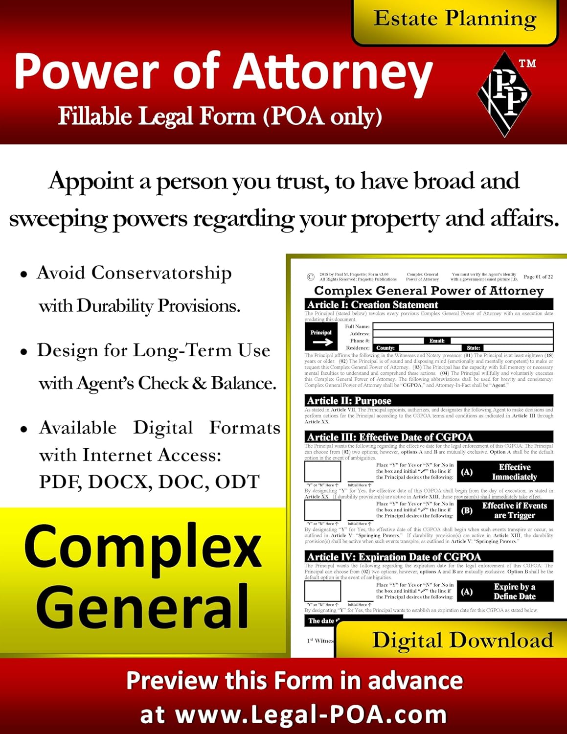 Complex General Power of Attorney: Fillable Legal Form ( POA Only ...