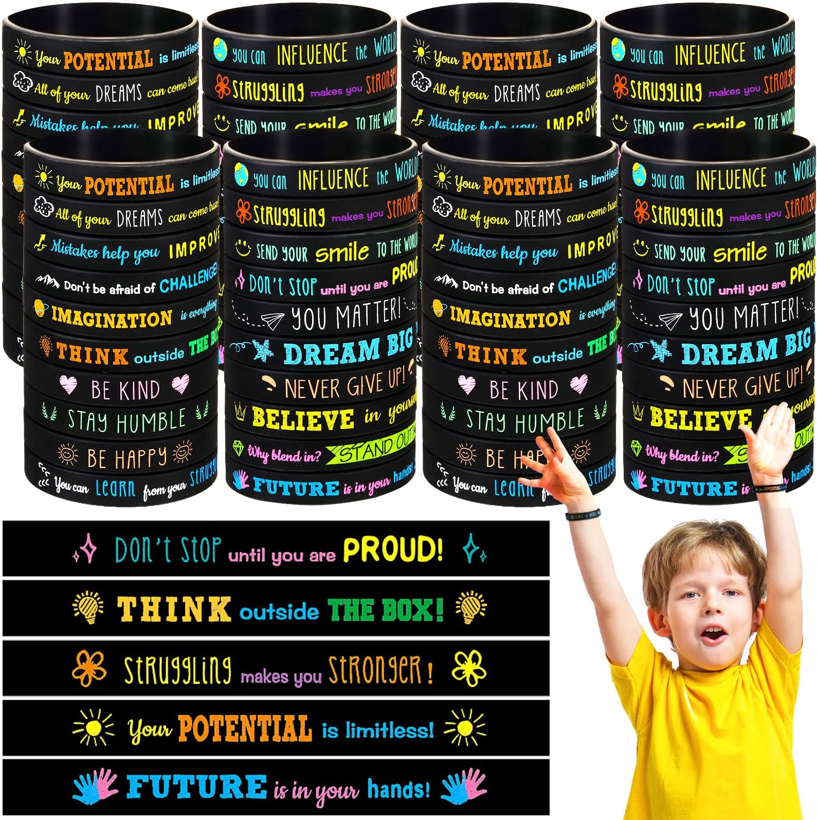 Amazon.com : 48 Pcs Kids Inspirational Silicone Wristbands Motivational ...