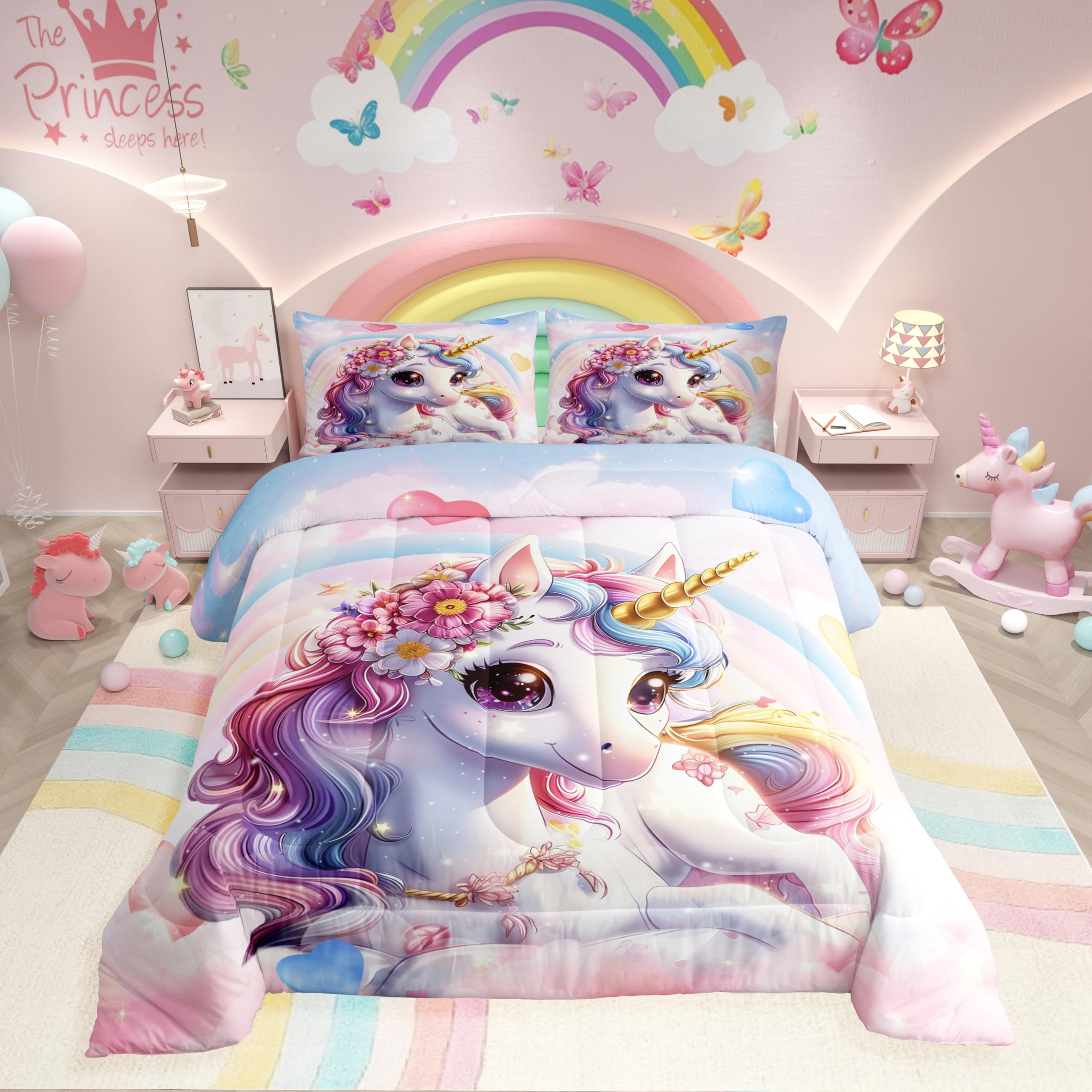 Amazon.com: Unicorn Twin Comforter Set for Girls Twin Bedding Set Cute ...