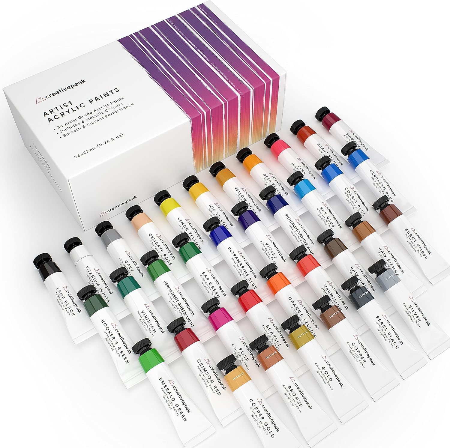 Creativepeak Acrylic Paint Set - 36 Vibrant Colours, incl. 6 Metallic ...