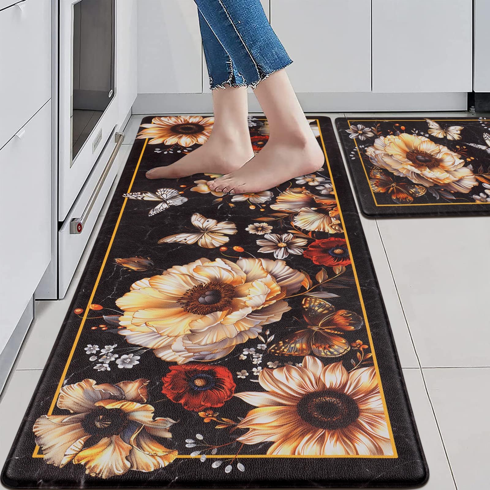 Amazon.com: Yinhua Floral Kitchen Rugs Sets of 2, Waterproof Black and ...