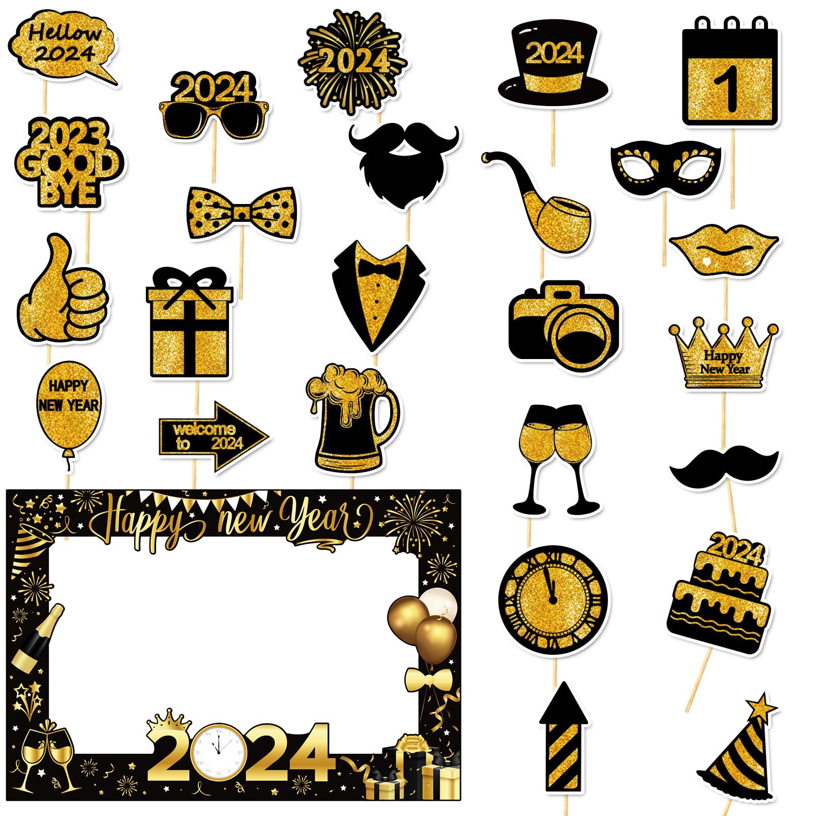 Amazon.com: New Years Photo Booth Props Decorations Set, Black and Gold ...