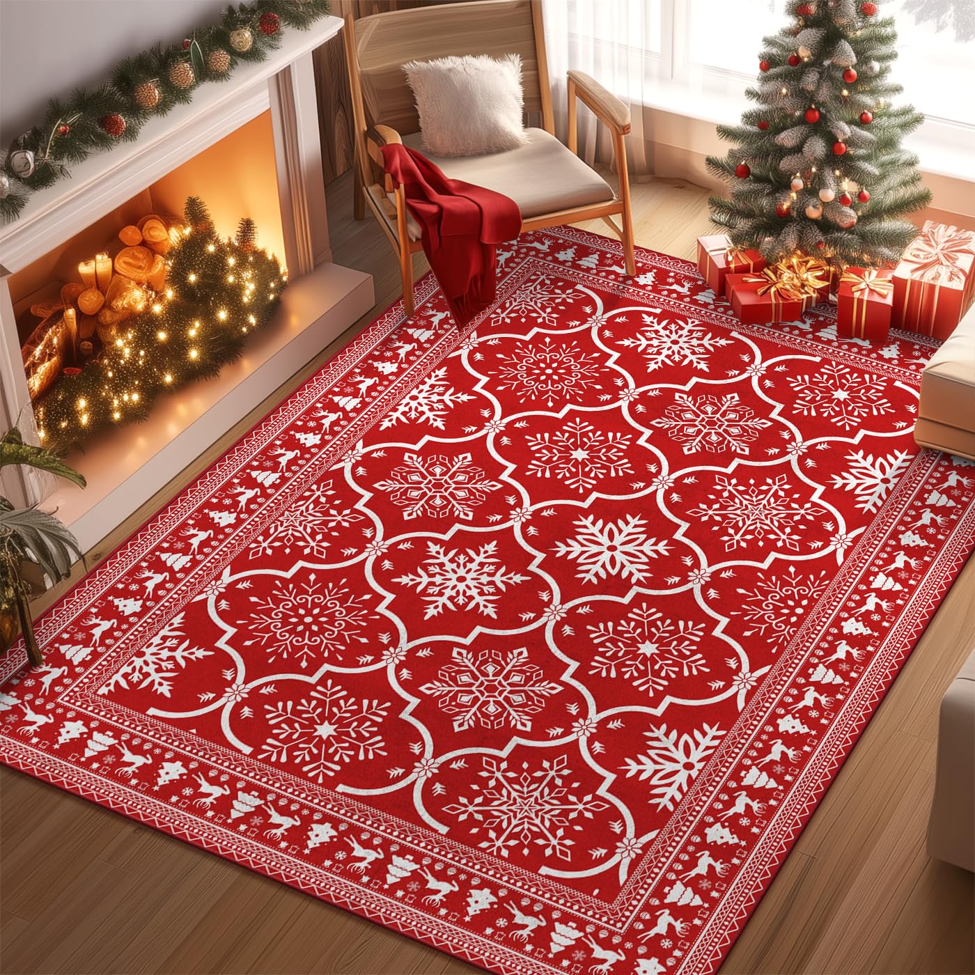 Amazon.com: Yamaziot Washable Christmas Area Rug 5x7 – Red Snowflake ...