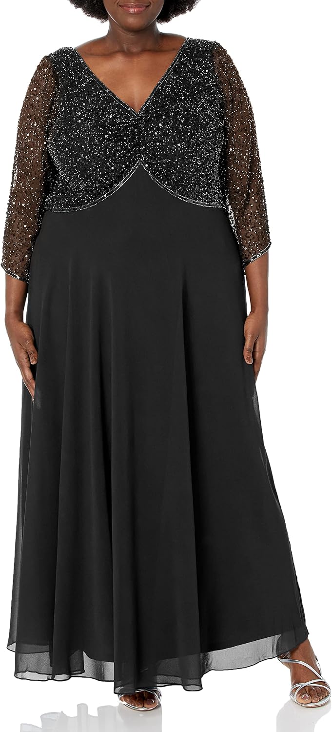 J Kara Women's Plus Size 3/4 Sleeve V-Neck Beaded Top Long Gown