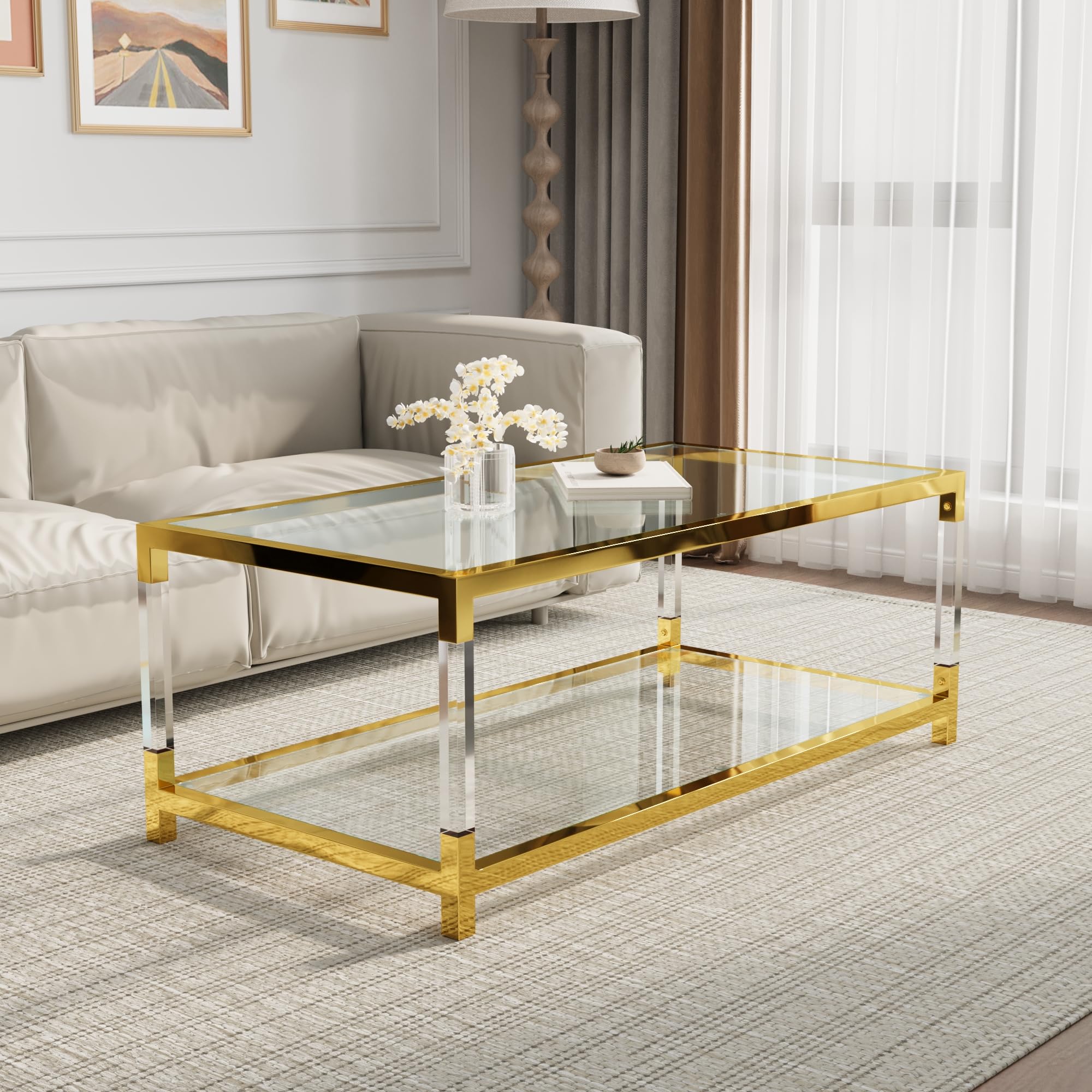 Amazon.com: Glass Coffee Table, Modern Glass Table, Gold Rectangular ...