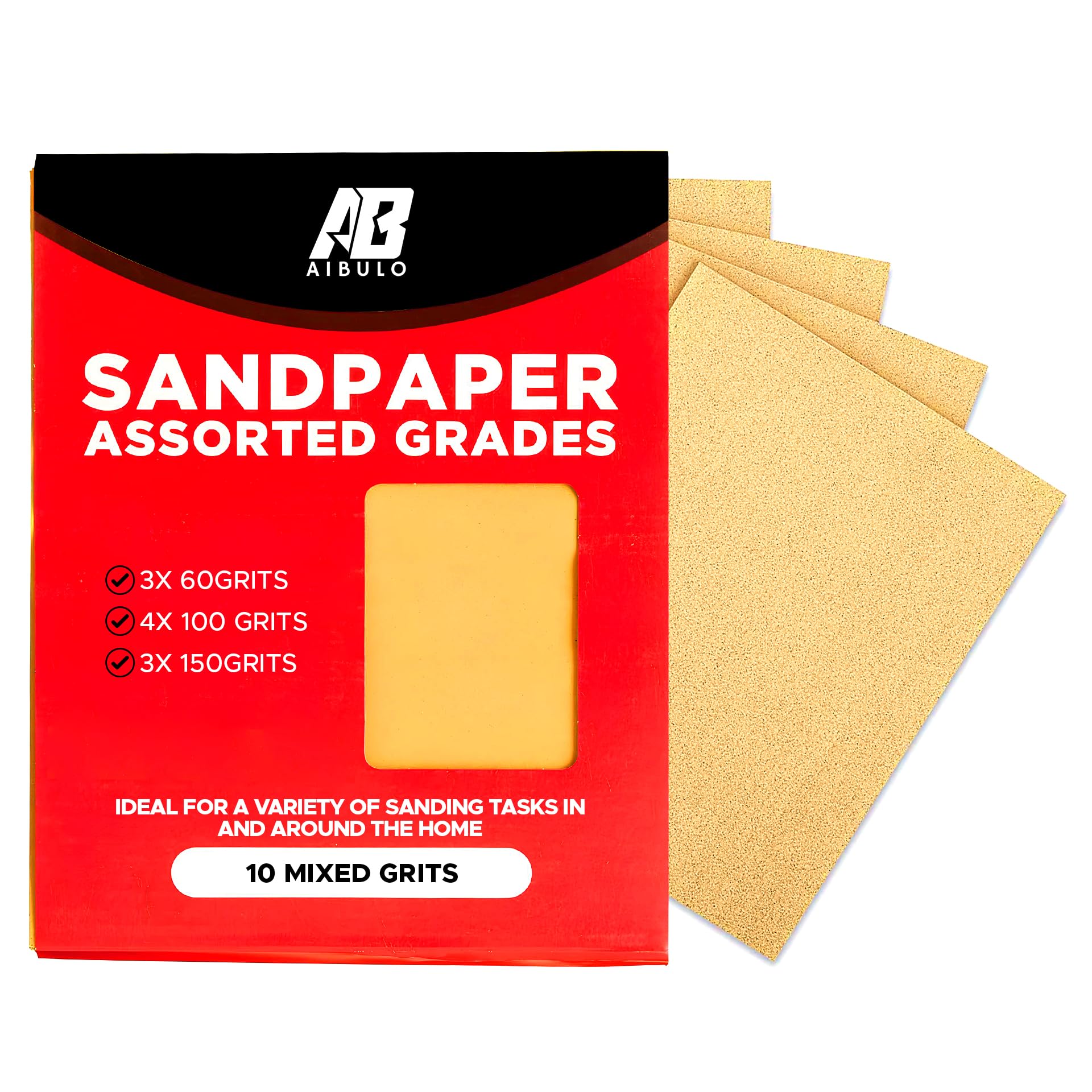 Aibulo Assorted Sandpaper Sheets - Pack of 10 Mixed Grits, Ideal for ...