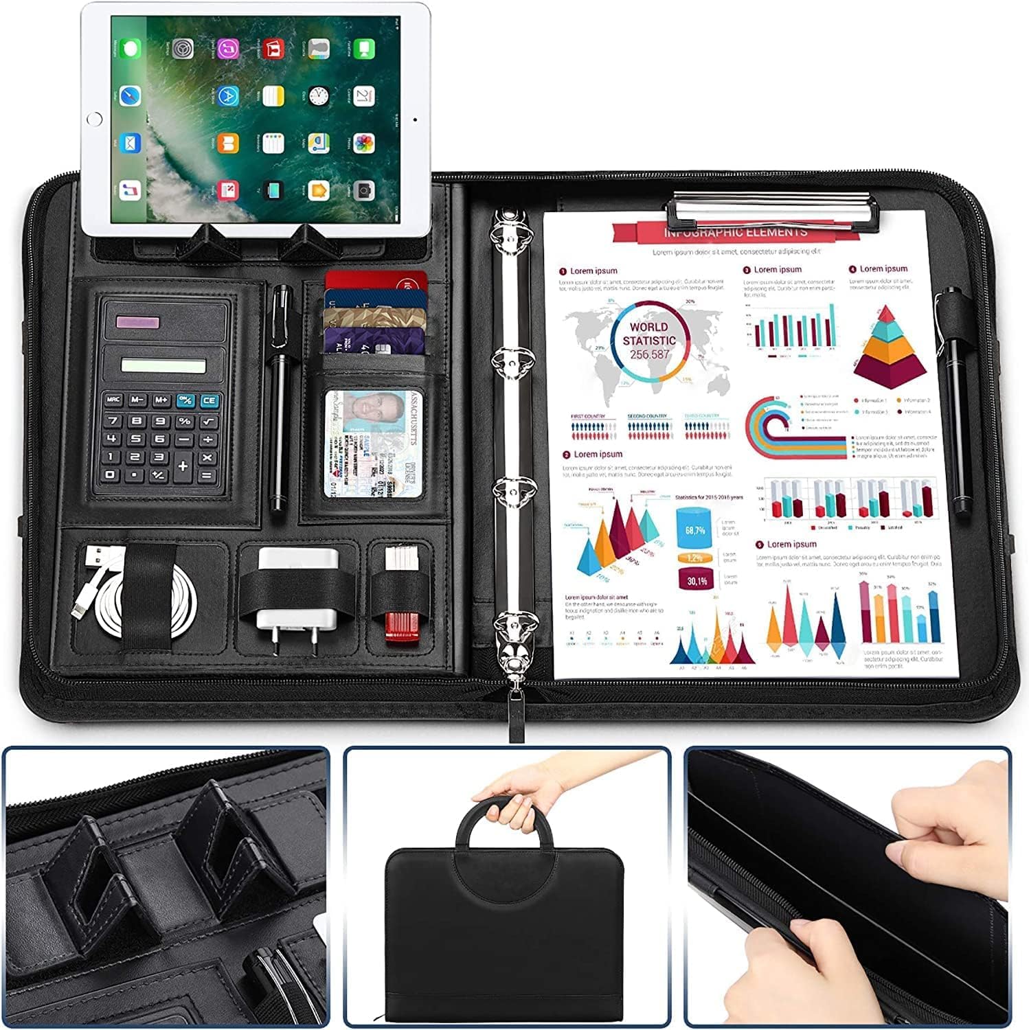 WONSEFOO Porte-documents A4, avec anneaux en cuir, porte-documents ...