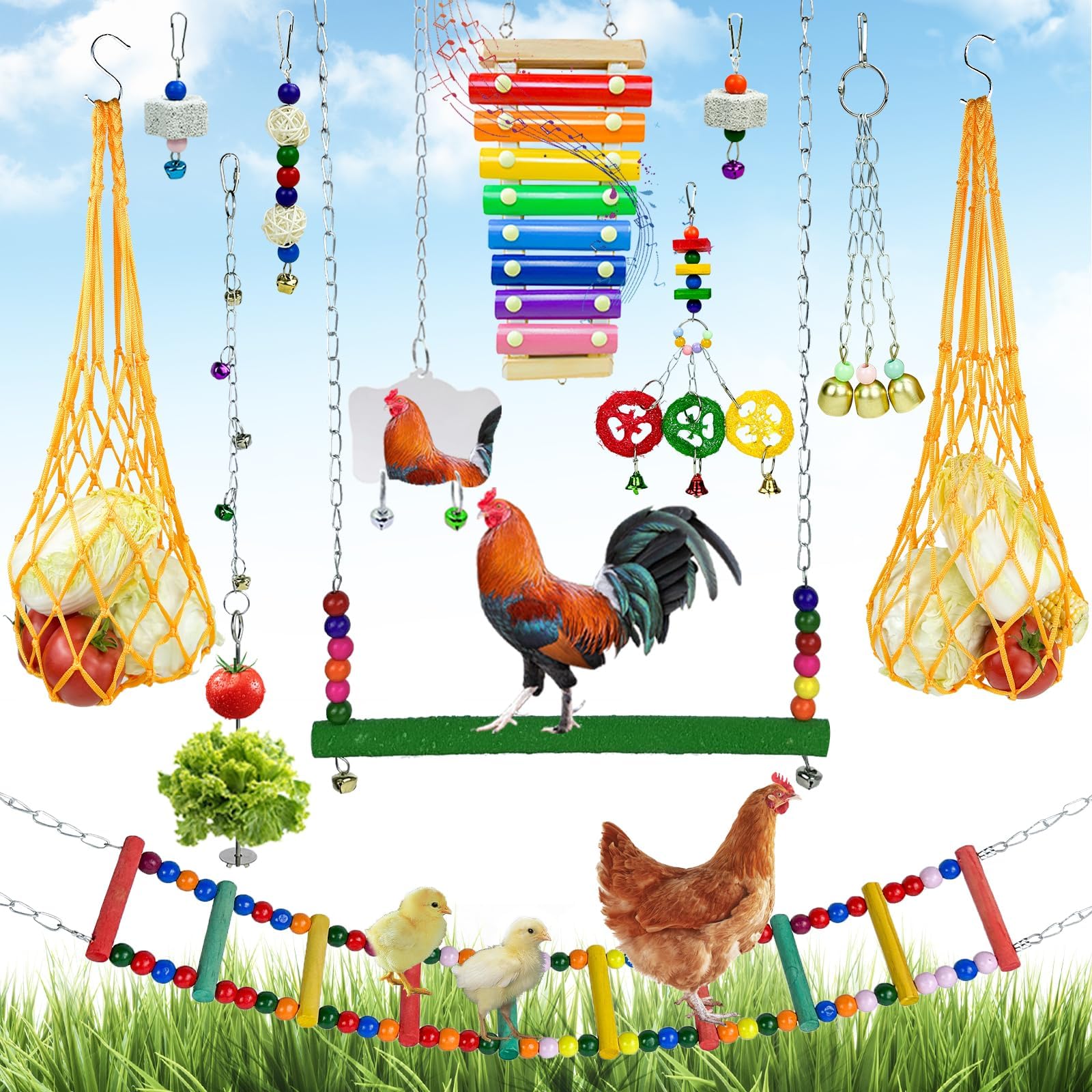 Amazon.com: 12 Pack Chicken Toys for Hens,Net Mirror Bell Xylophone ...