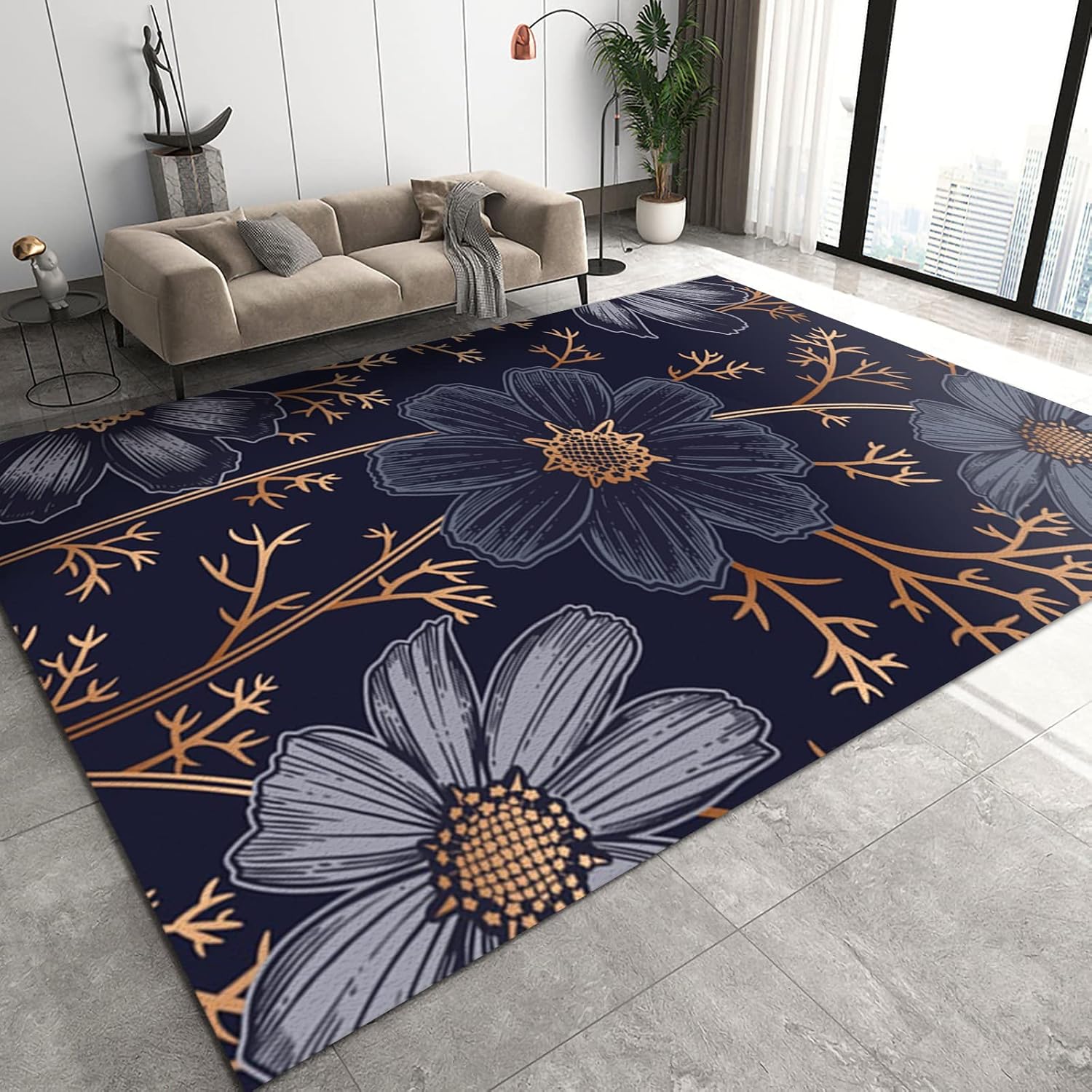 Mysterious Blue Floral Area Rugs, Fresh and Simple Printed Rugs ...