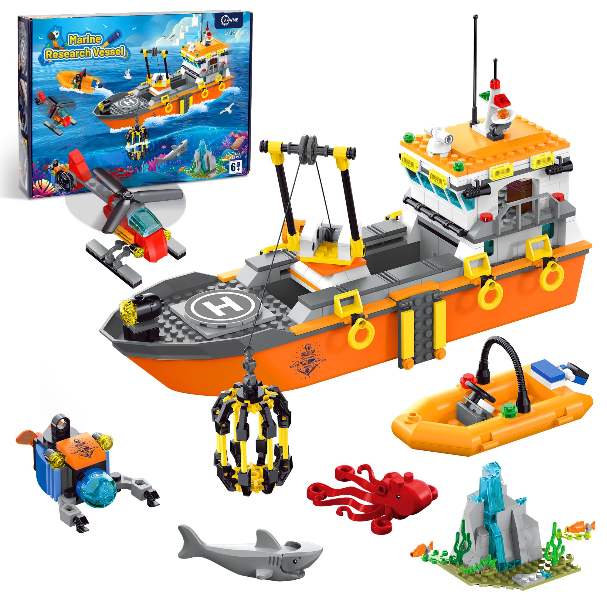 AKWME City Ocean Exploration Boat Building Set with LED Light, Fun ...