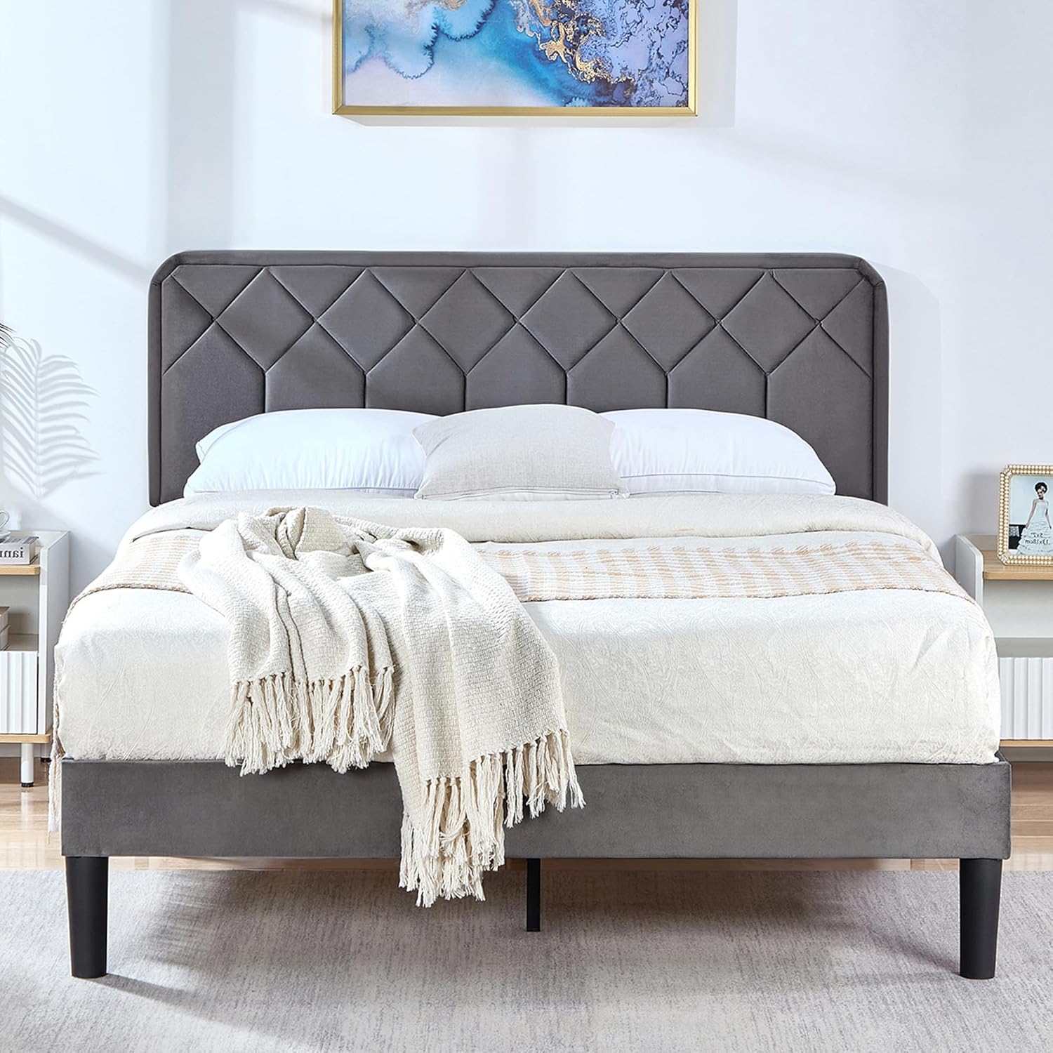 Amazon.com: VECELO Full Size Bed Frame Premium Velvet Upholstered ...