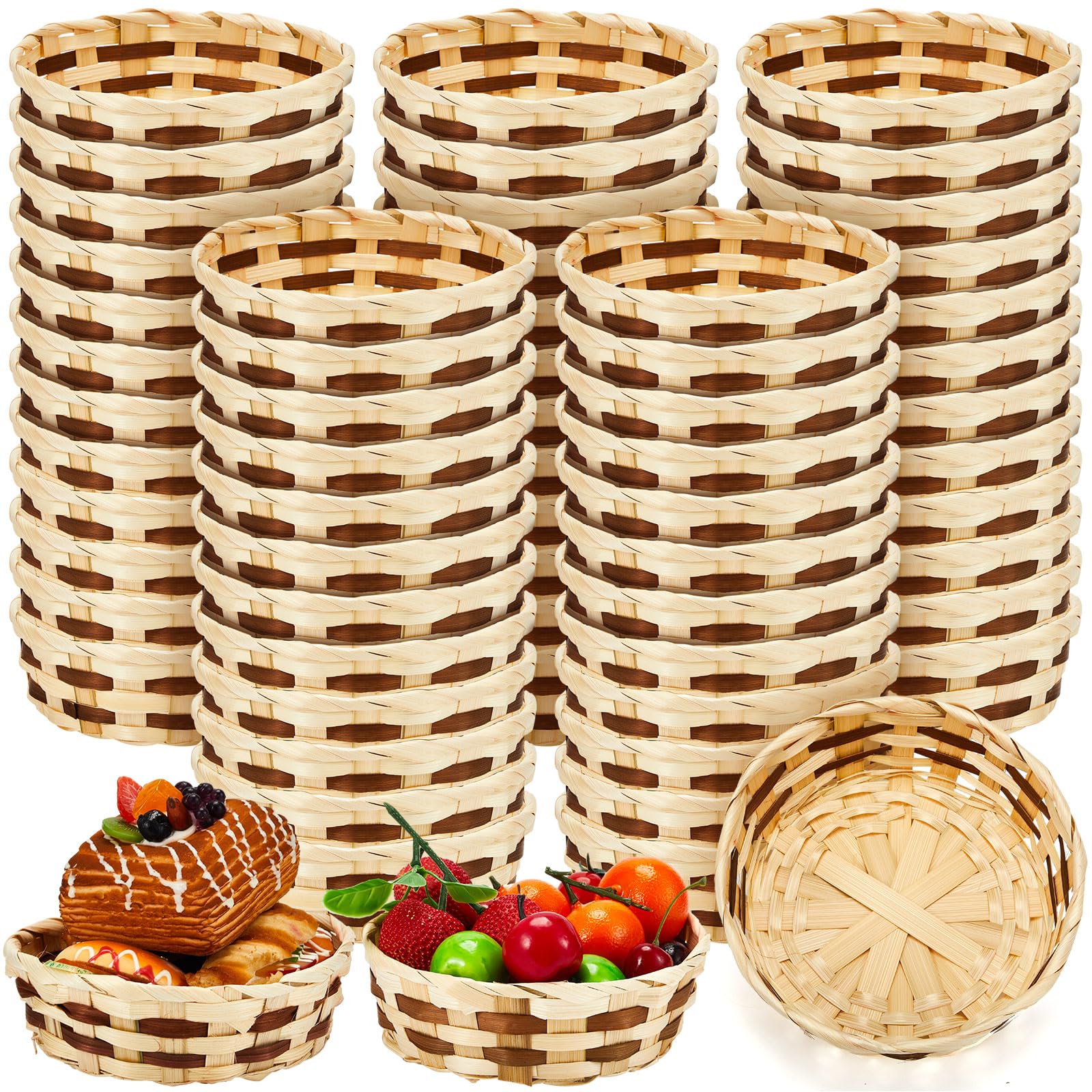 Sintuff 60 Pcs Round Gift Baskets 6.5" Bamboo Woven Basket Small Fruit ...
