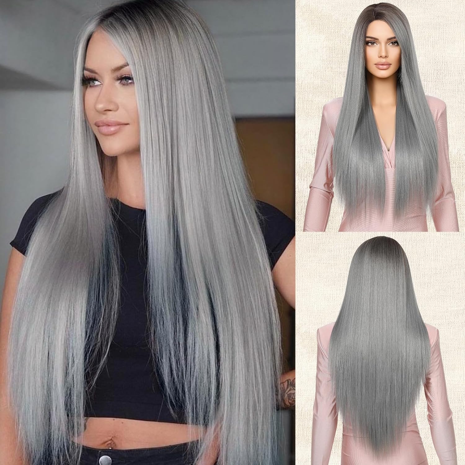 Amazon.com : LONAI Silver Gray Wig, 26" Long Straight Side Part Wig for ...