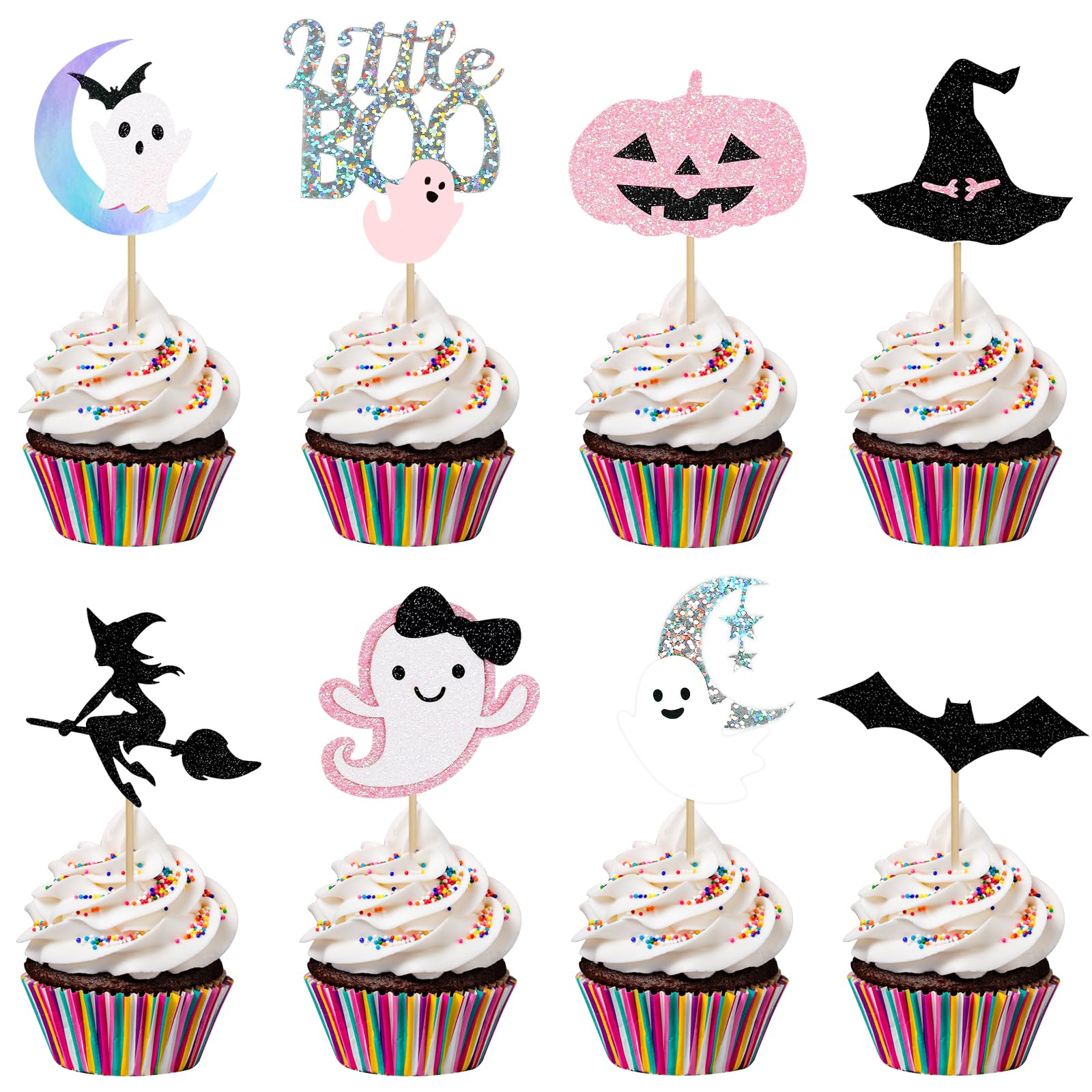 Amazon.com: 32Pcs Pink Black Halloween Ghost Cupcake Toppers Little Boo ...
