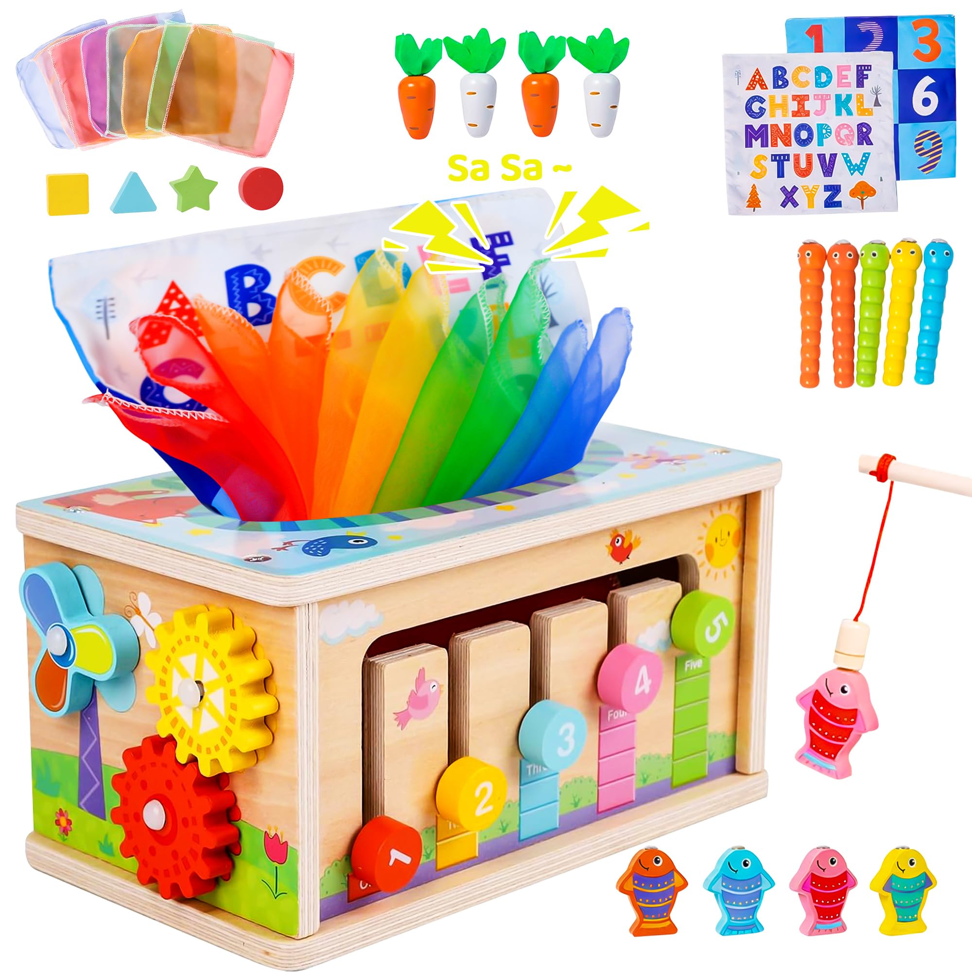 Amazon.com: Mummed Montessori Baby Wooden Tissue Box Toy 6-in-1 Sensory ...