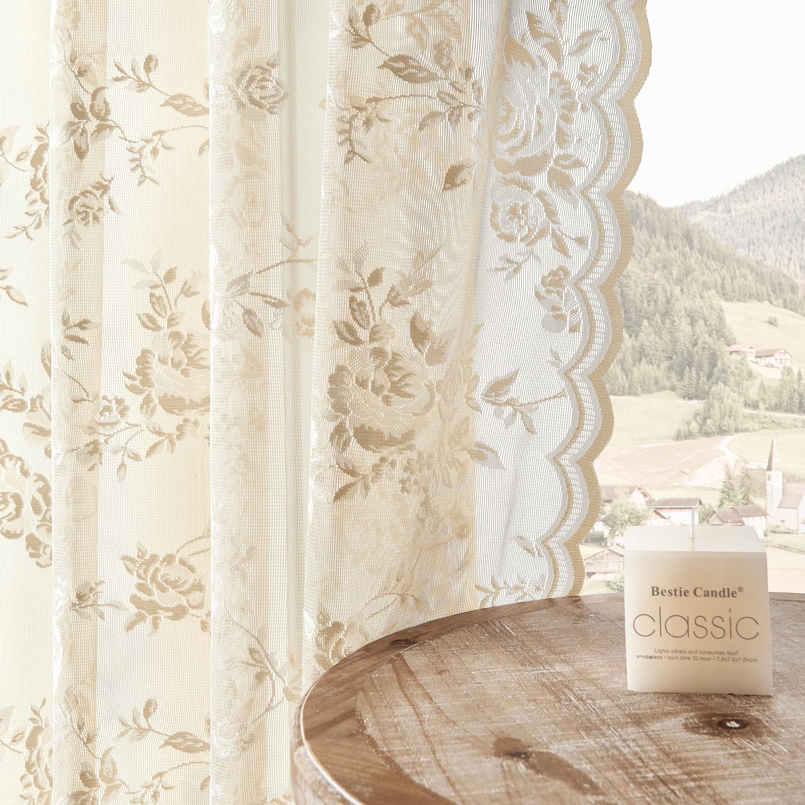 Amazon.com: SEEKRIGHT Beige Lace Sheer Curtains 63 Inch Length Country ...