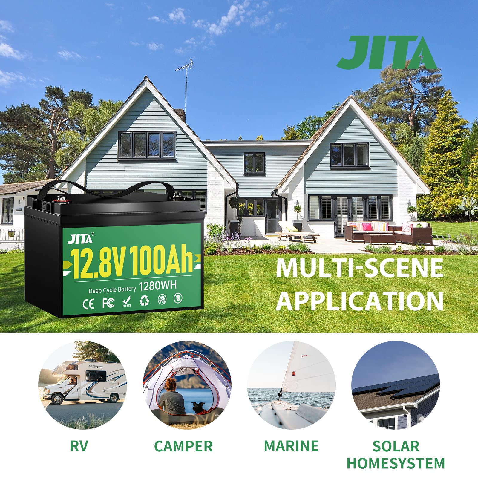 JITA 12V 100Ah LiFePO4 Lithium Battery RV Deep Cycle Battery, Built-in ...