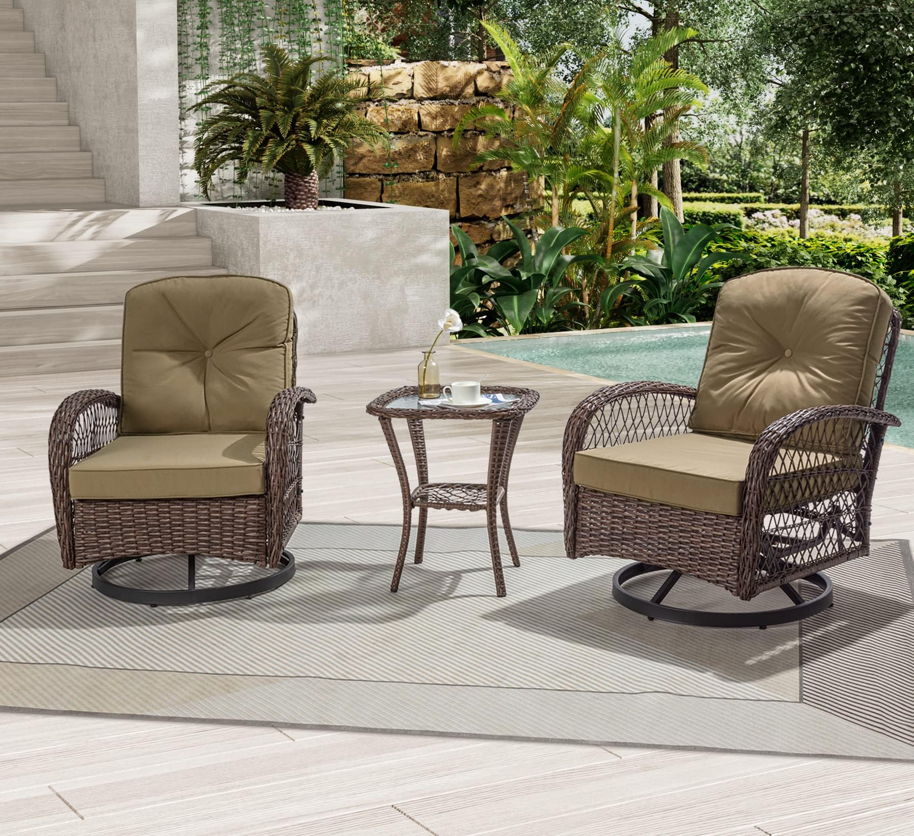 Amazon.com: Tangkula 3-Piece Patio Swivel Rocker Set, Wicker Swivel ...