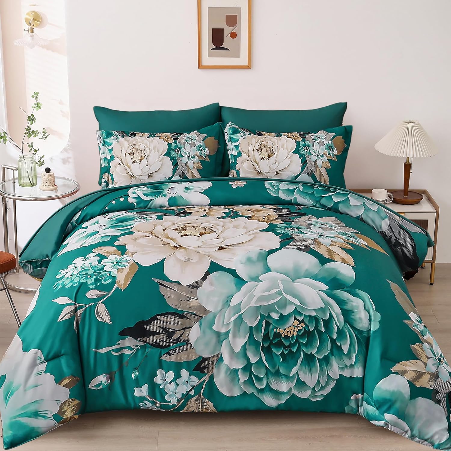 Amazon.com: Dintszyayue Teal Comforter Set Queen 7 Pieces Bed in a Bag ...