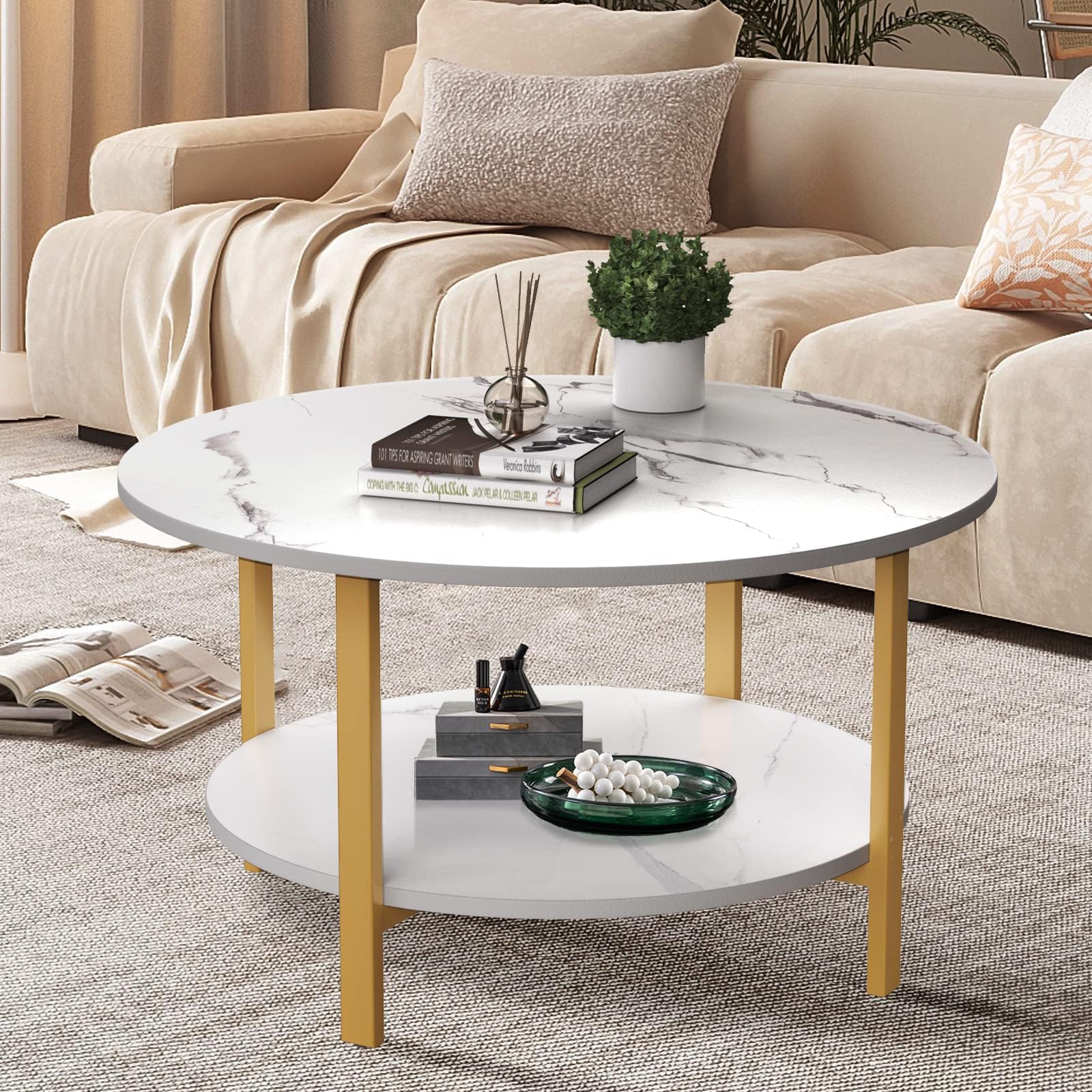 HOMOPIV Couchtisch rund, Wohnzimmertisch mit 2 Ebenen, Sofatisch mit ...