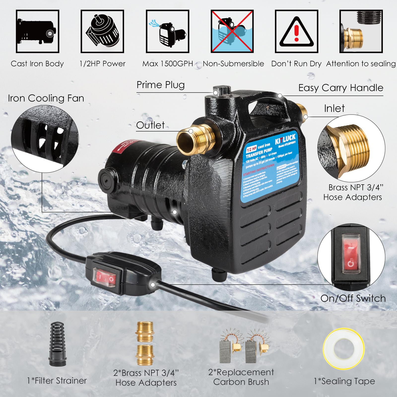 Snapklik.com : Water Transfer Pump, KITLUCK 120V 1/2 HP 1500GPH Cast ...