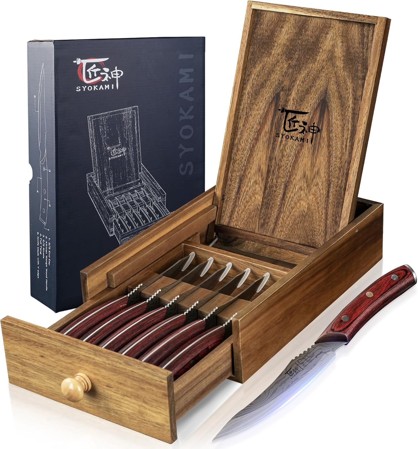 SYOKAMI Steak Knives Set of 6 with Drawer Organizer, 4.8 Inch High ...