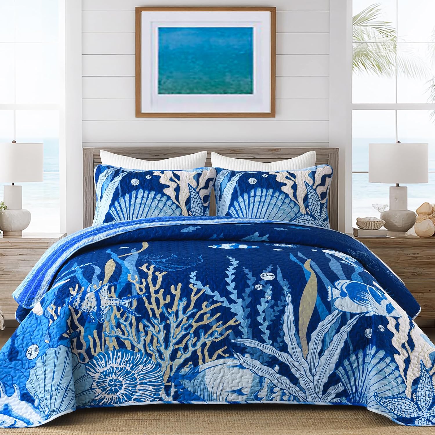 Amazon.com: DJY Coastal Quilt Set Queen Size 3 Piece, Beach Theme ...