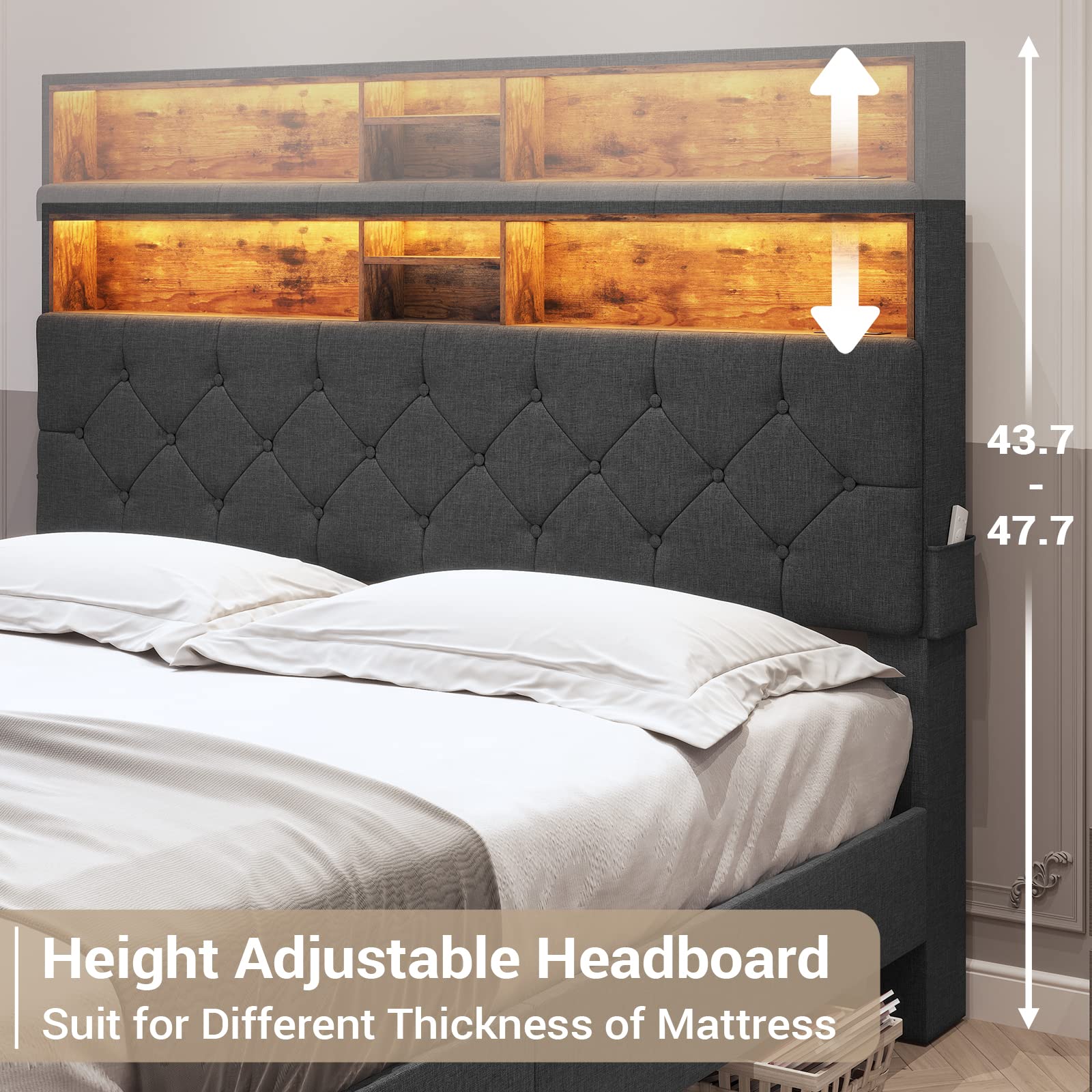 Tiptiper LED Bed Frame Queen Size with Outlets, USB Ports & Headboard Storage, Button Tufted ...