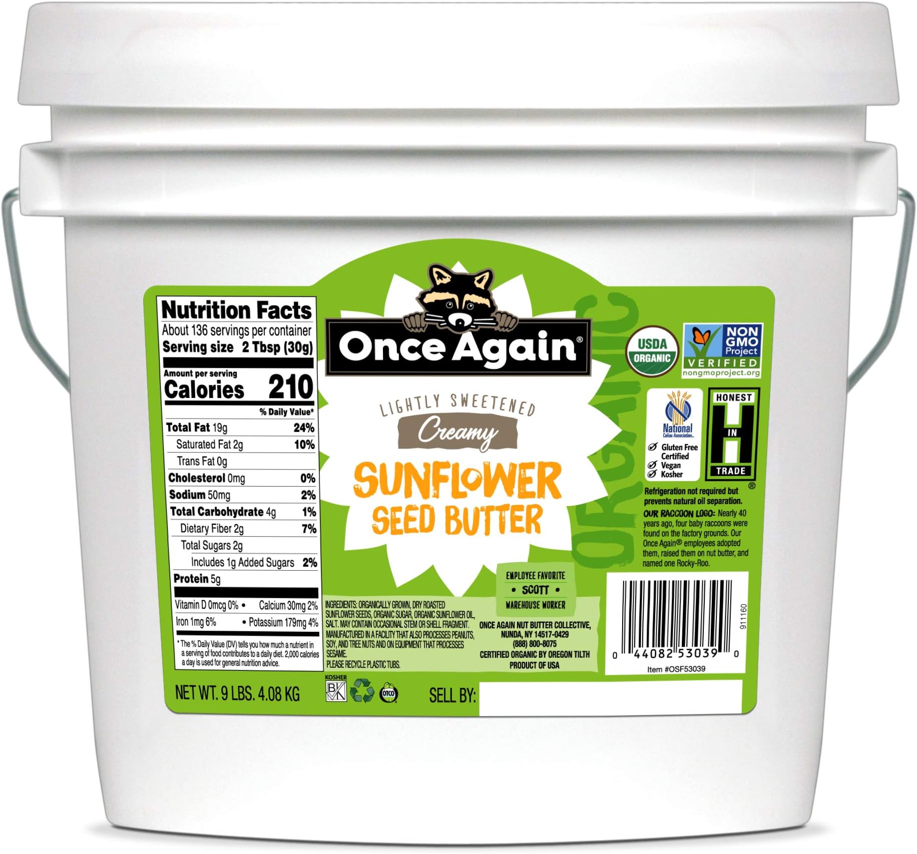 Amazon.com : Once Again Organic Creamy Sunflower Butter, 9lb Bucket ...