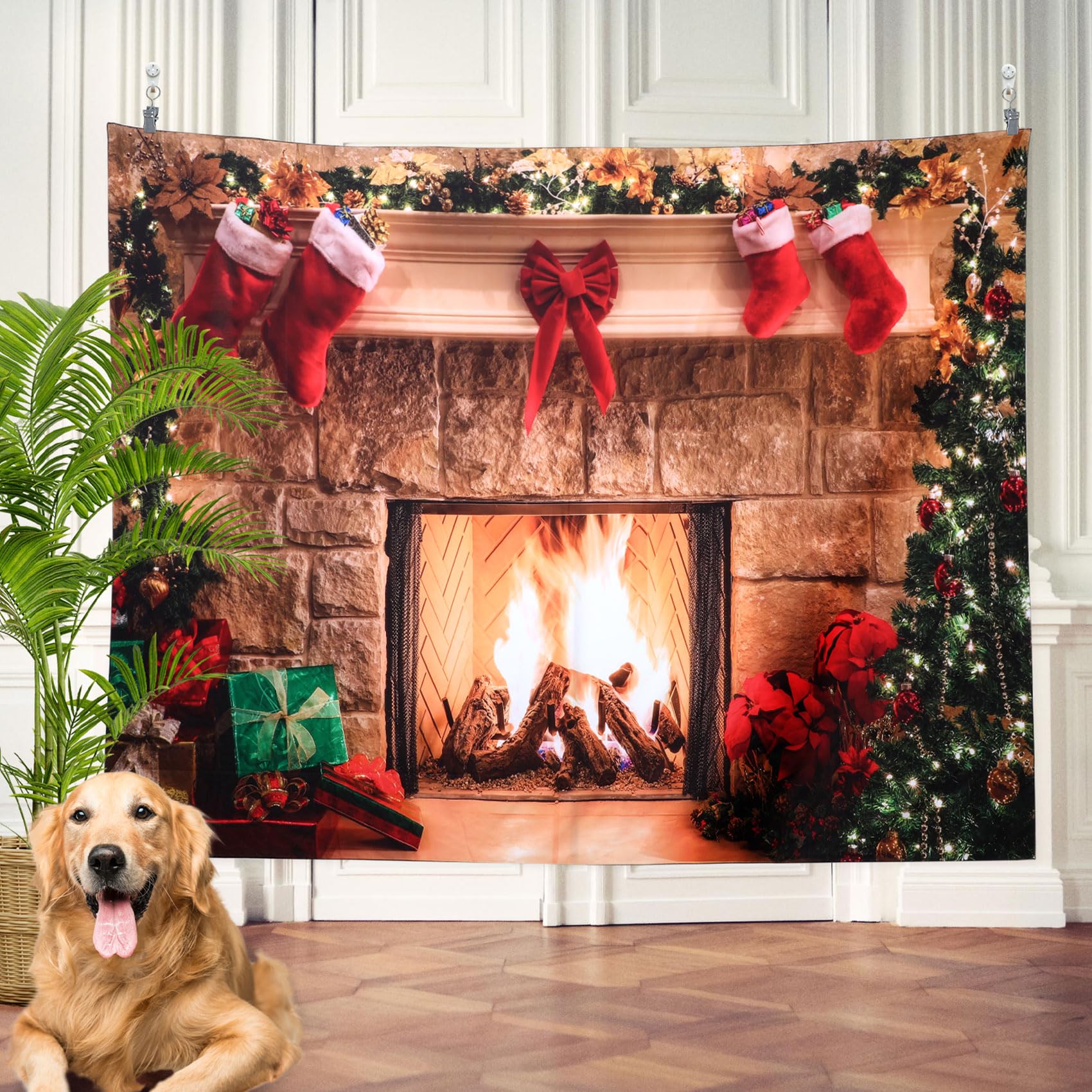 Amazon.com: ROLOSI 8x6ft Christmas Fireplace Backdrop Christmas Tree ...
