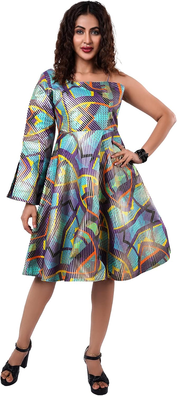 Women's African Print One Shoulder Fit & Flare Dress (Cyan Green, 3XL ...