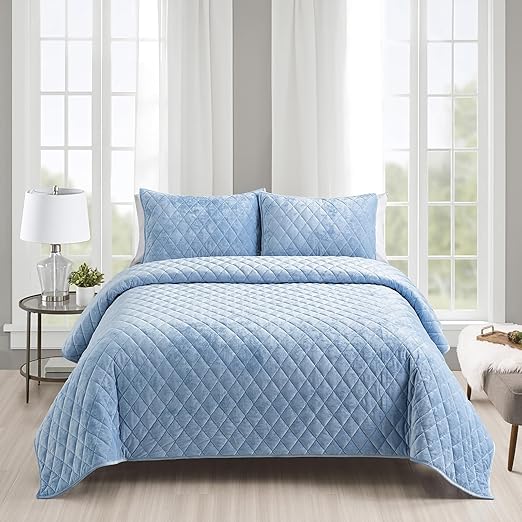Amazon.com: Fredsure Distressed Velvet Quilt Set, 3 Pieces Light Blue ...